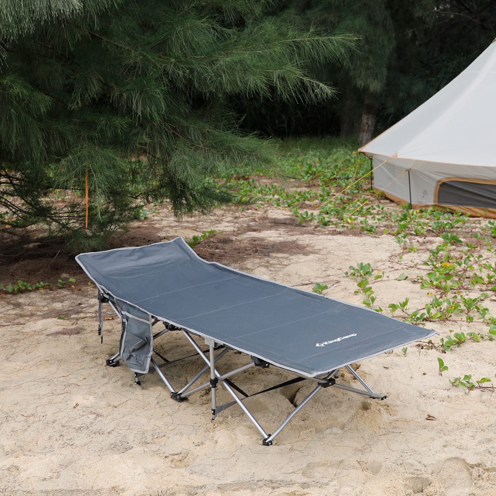 KingCamp Folding Camping Cot Lightweight Sleeping Cot Portable with Carry Bag Double Layer 1000D Sturdy Cot Heavy Duty Camping Bed for Adults Outdoor Travel, Hiking, Office Support 265lbs Gray