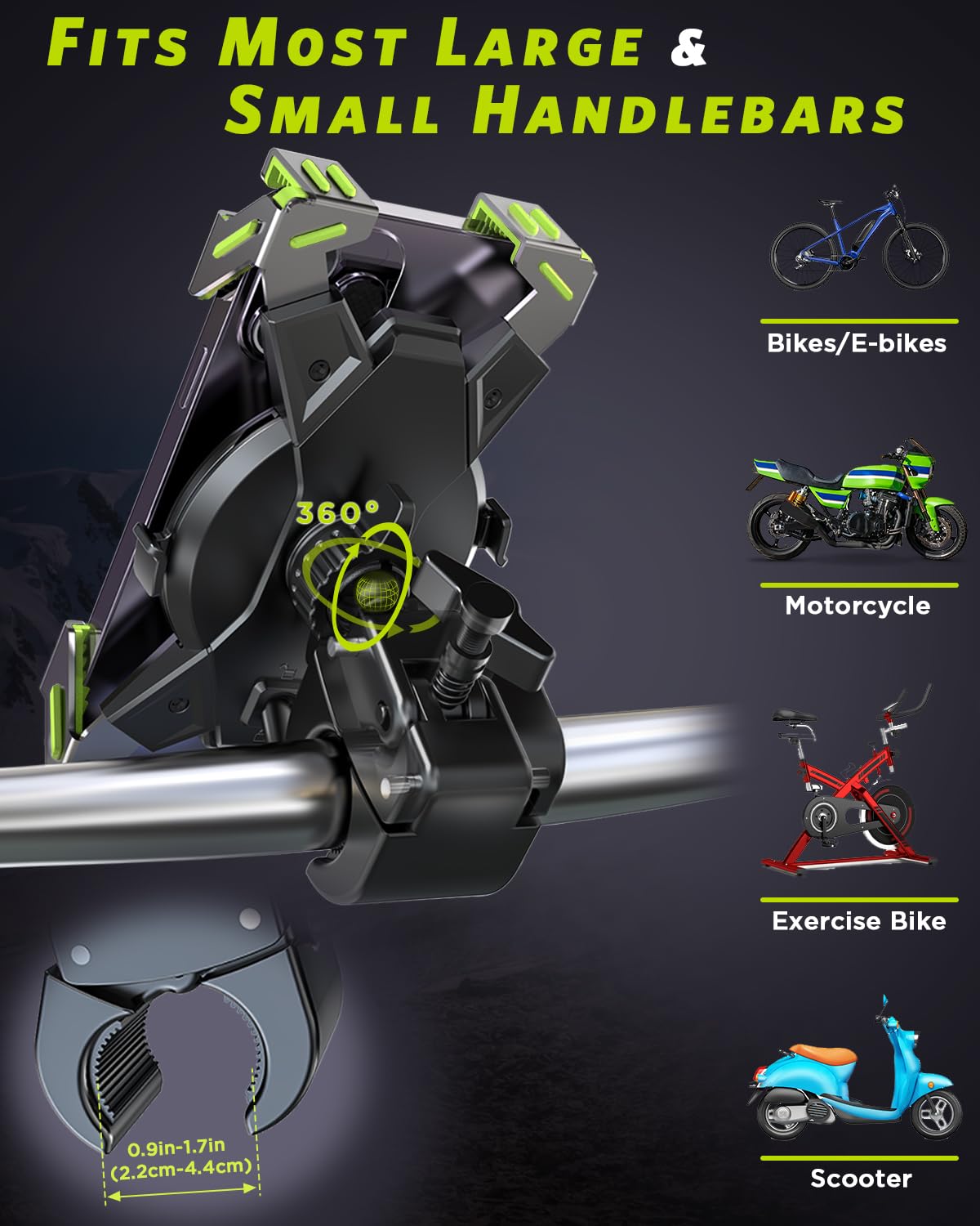 IPOW Bike Phone Holder, Adjustable Motorcycle Phone Mount, 2023 Upgraded Motorcycle Handlebar Phone Clamp, Scooter Phone Clip Compatible with iPhone 14 Plus/Pro Max, 13 Pro Max, S23, S22, Green