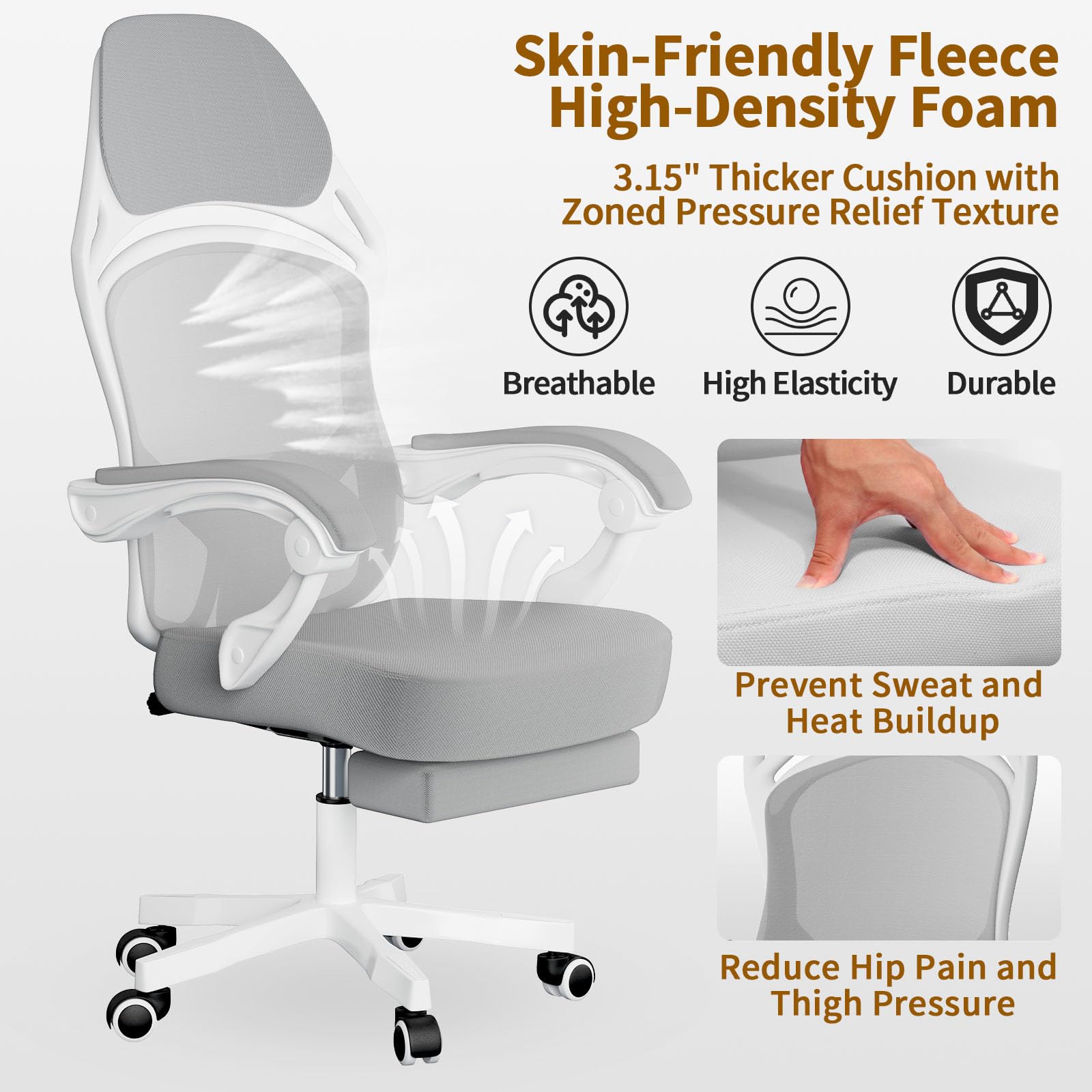 kenvc Ergonomic Office Chair with Foot Rest, Home Office Desk Chairs with Lumbar Headrest and Retractable Footrest, Mesh Office Chair Adjusts 90°-145°, Light Gray