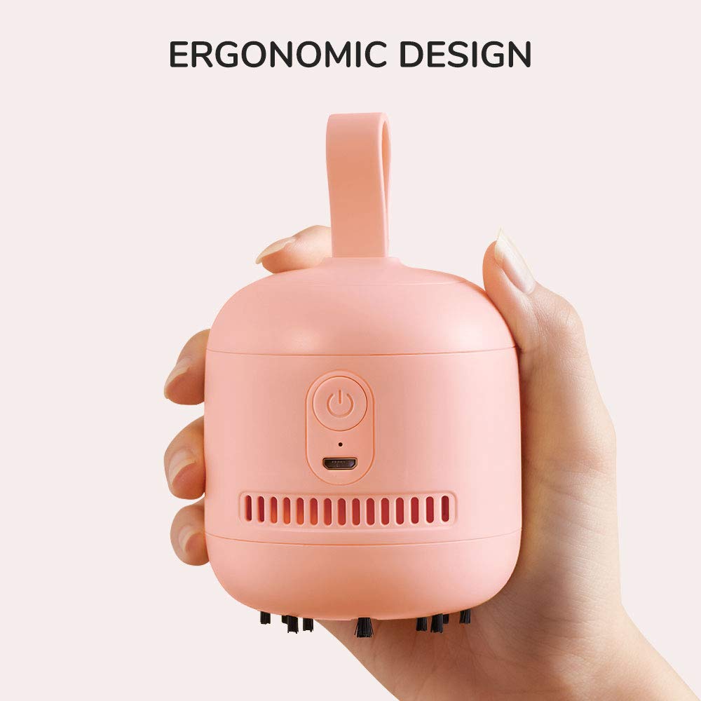 JISULIFE Desktop Vacuum Cleaner, 1100 mAh Portable Mini Table Dust Sweeper with Vacuum Nozzle, 2 Speeds, 360º Rotable, High Suction, Cordless & Detachable Design for Home, Office, School-Pink
