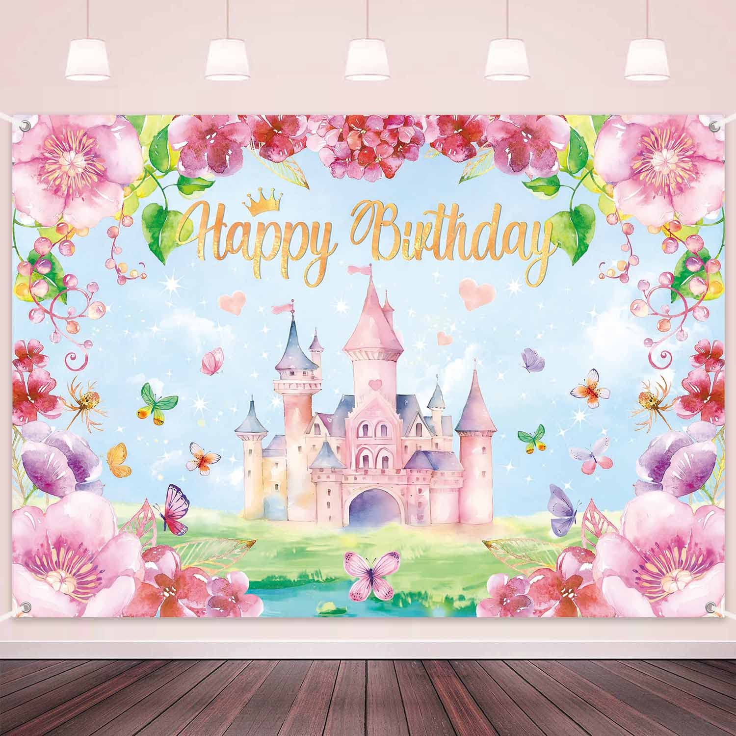 LDWLYW Princess Birthday Backdrop for Girls Happy Birthday Princess Castle Butterfly Backdrop Banner for Birthday Party Decorations Princess Theme Party Photo Backdrop Background Decor 7x5ft