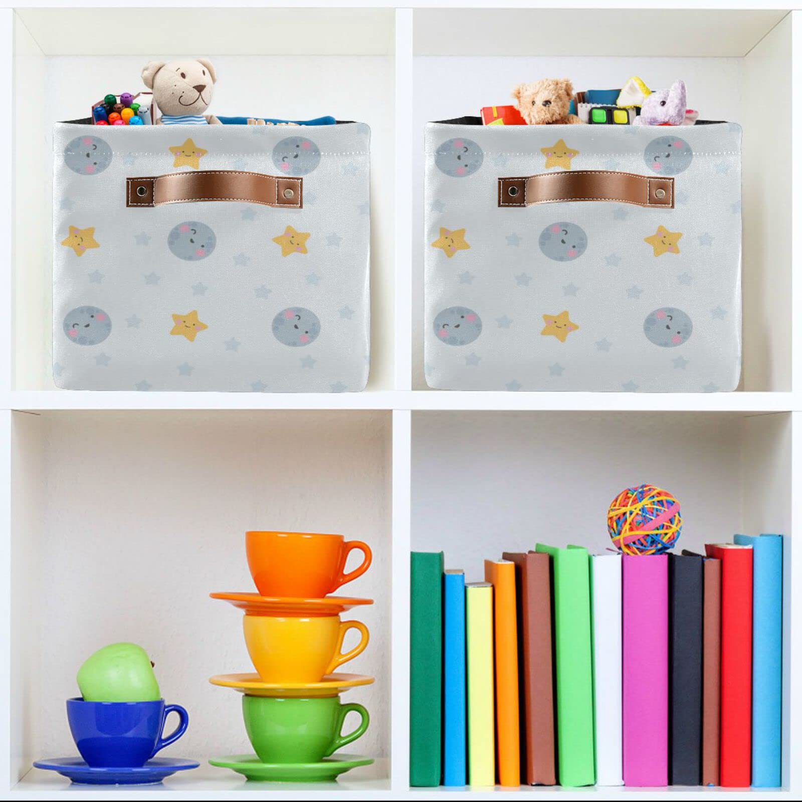 KEEPREAL Cute Moon Stars Storage Basket Bin, Large Cube Storage Box Canvas Collapsible Storage Organizer for Home Office Closet - 15 L x 11 W x 9.5 H