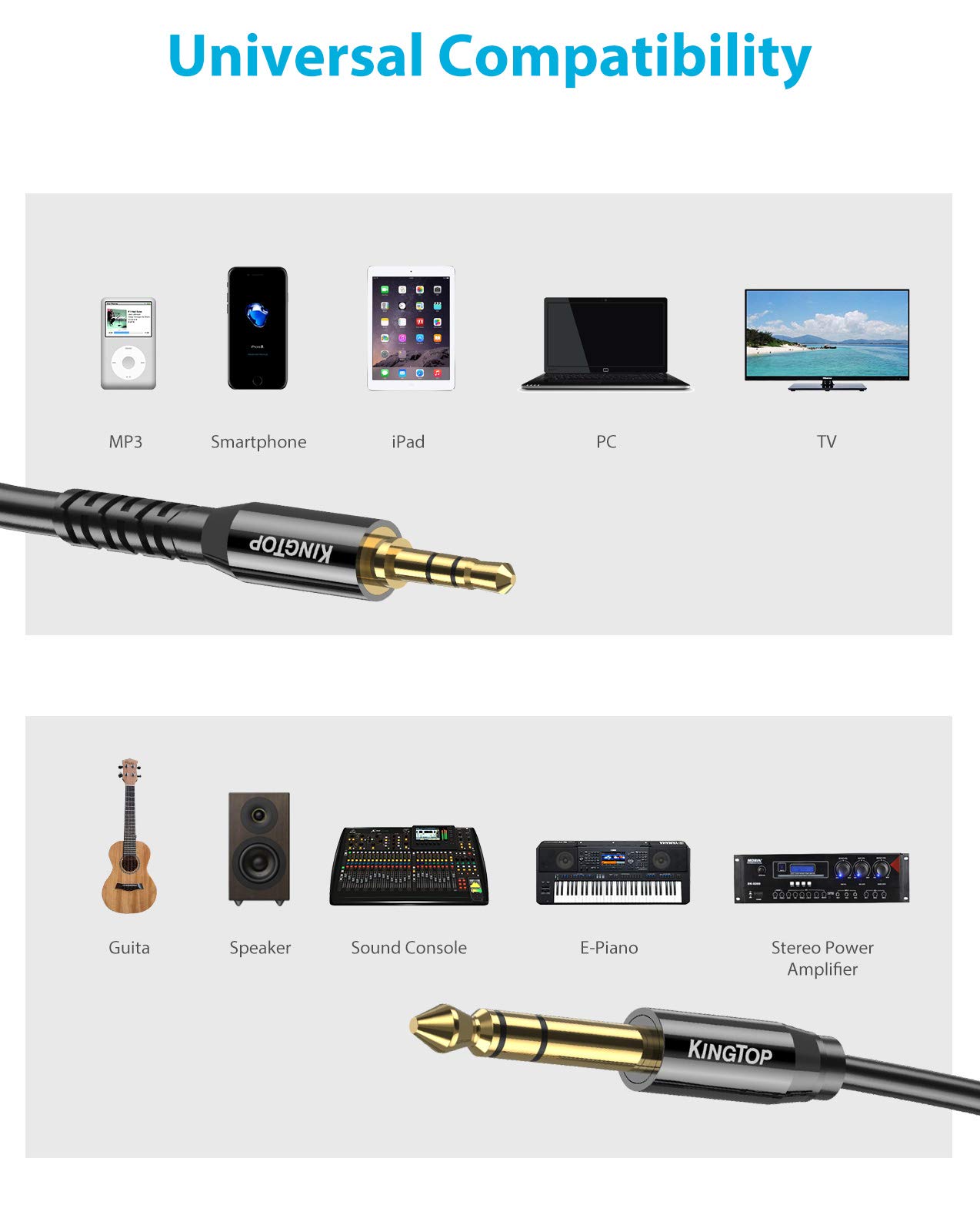 KINGTOP 1/8 to 1/4 Stereo Cable (7ft / 2.1m), TRS 3.5mm to 1/4 Cable, Bidirectional 1/4 to 3.5mm Cable for Guitar, iPod, Laptop, Home Theater Devices, Speaker, Amplifiers