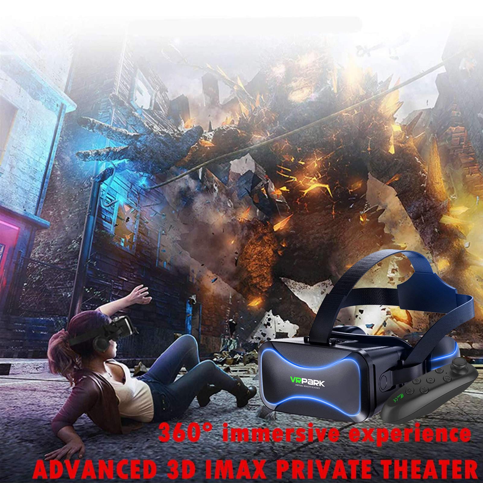 Hzemci 3D Virtual Reality Headset - Headset VR Headset With Remote Control, Portable Adjustable Virtual Reality Headset, 360° Field Of View, Enclosed HiFi Stereo, Used For VR Games And 3D Movies