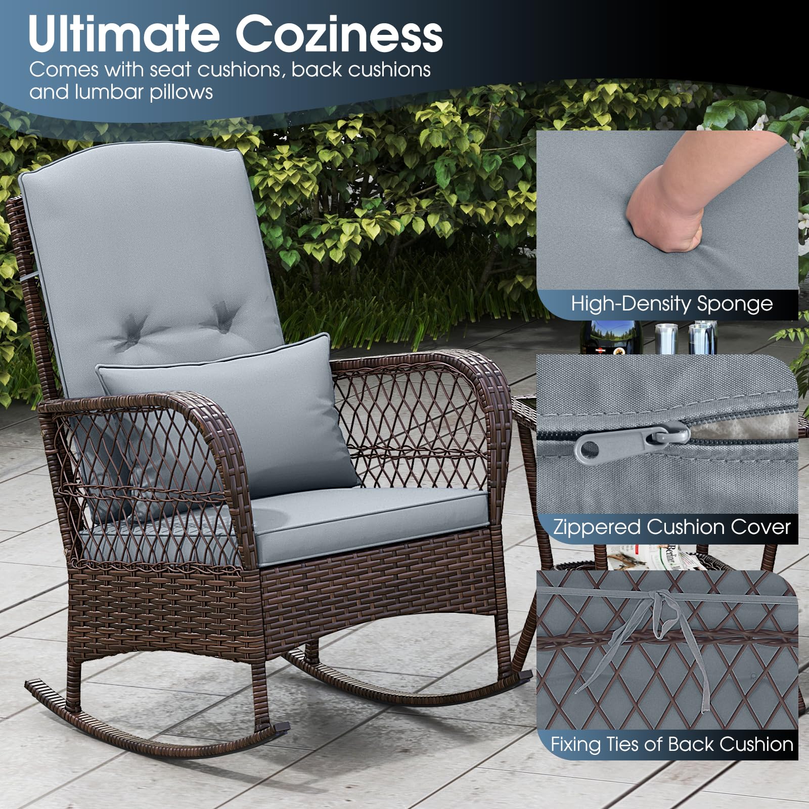 Tangkula 3 Piece Patio Rocker Set, Patiojoy Outdoor Wicker Rocking Chairs w/Double-Layer Coffee Table, Rattan Rocker Chair Set w/Seat Back Cushions & Pillows, for Porch, Backyard, Poolside (Grey)