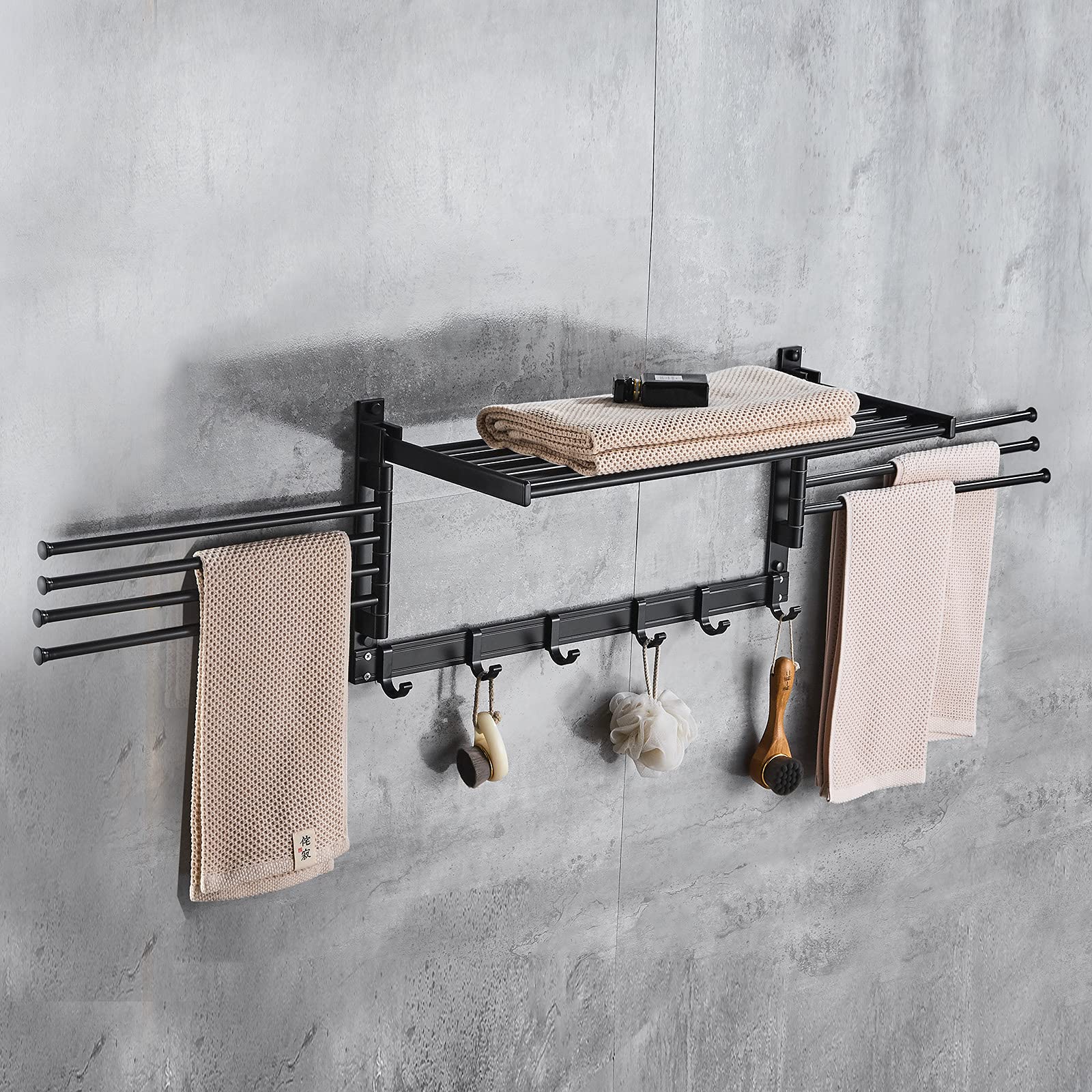 Towel Rack with 7 Towel Bar Holder Foldable Towel Shelf with Movable Hooks Wall Mounted Lavatory Towel Organizer Space Saving Towel Holder Black