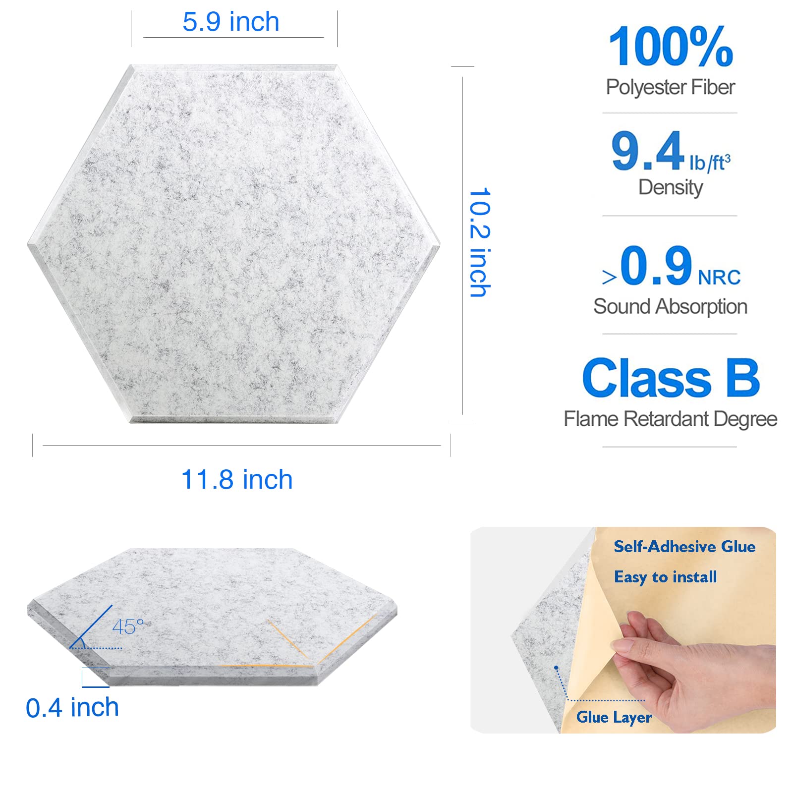 MANDEK 12 Pack Hexagon Acoustic Panels, 12 X 10 X 0.4 Inches Self-adhesive Sound Panels, Premium Soundproof Wall Panels for Home, Office & Studios (Silver Grey)