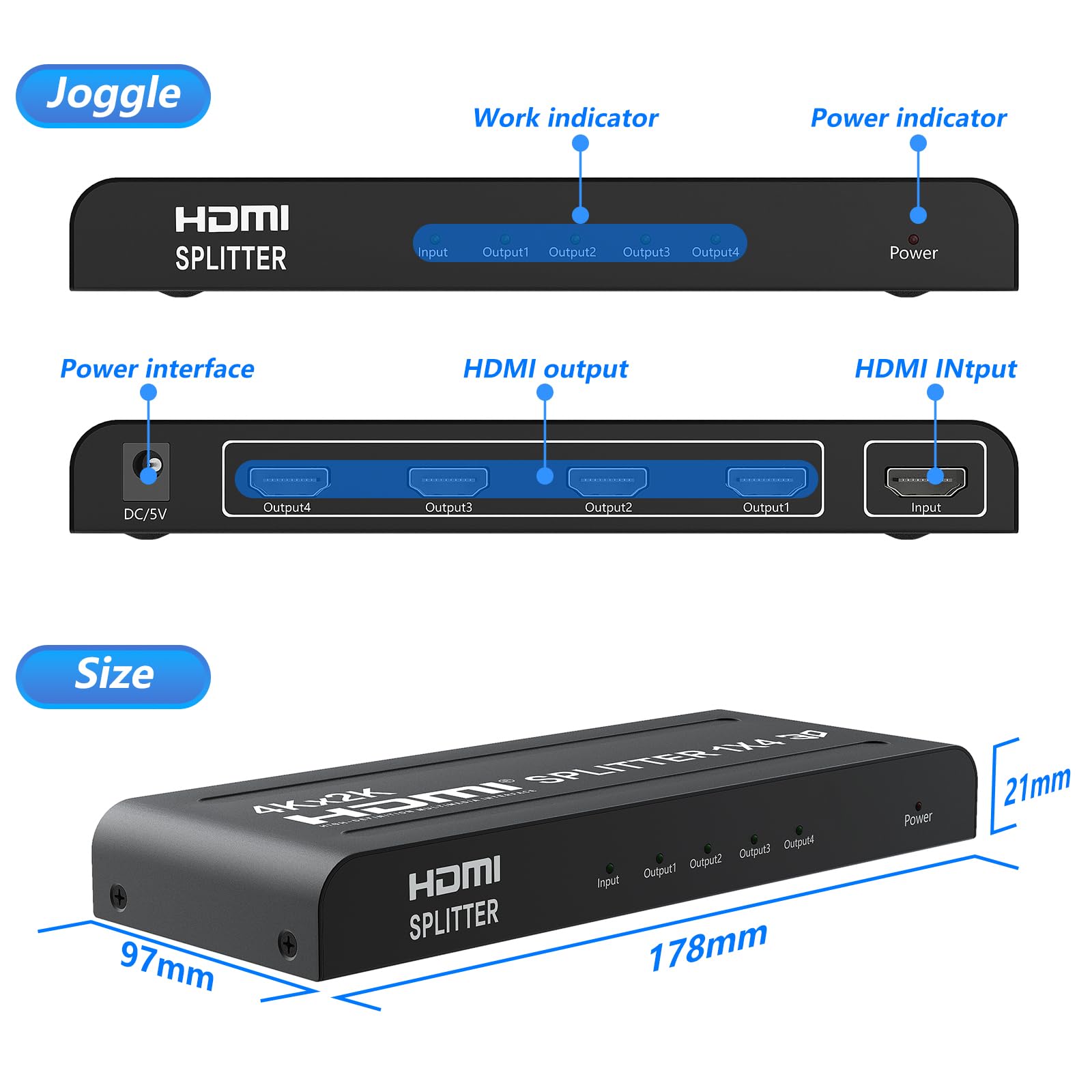 HDMI Splitter 1 Into 8 Out with HDMI Splitter 1 Into 4 Out, Splitter for Multi-Display, 8-Port/4-Port Flexibility. Supports 4K Ultra HD and 3D Technology, Suitable for Many Occasions.
