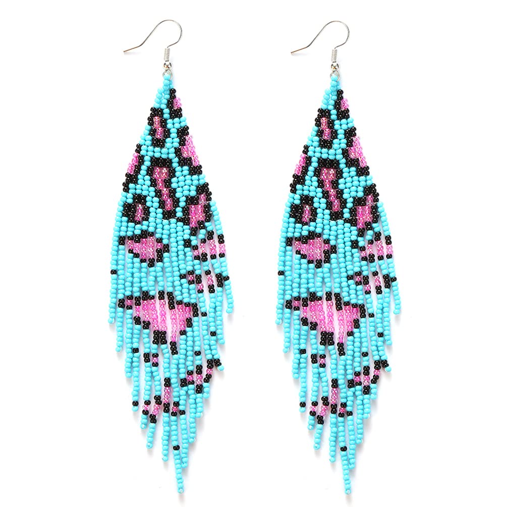 Long Beaded Leopard Print Earrings - Big Boho Statement Native Beaded Tassel Dangle Earrings for Women, Large Bohemian Handmade Seed Bead Fringe Earrings (Moon A)