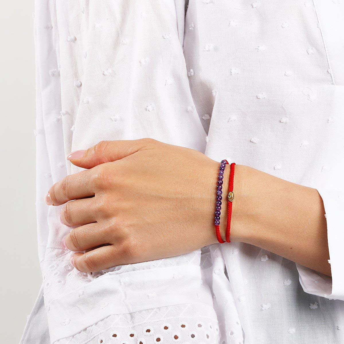 KARMA AND LUCK - Peace of Spirit - Women's Real Amethyst Evil Eye Charm Red String Adjustable Drawstring Closure Wrap Bracelet with Hamsa Amulet Handmade in Bali