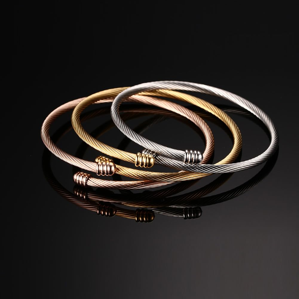 HUANIAN Stainless Steel Triple 3 Stackable Cable Wire Twisted Cuff Bangle Bracelet for Women, Gold/rose/silver