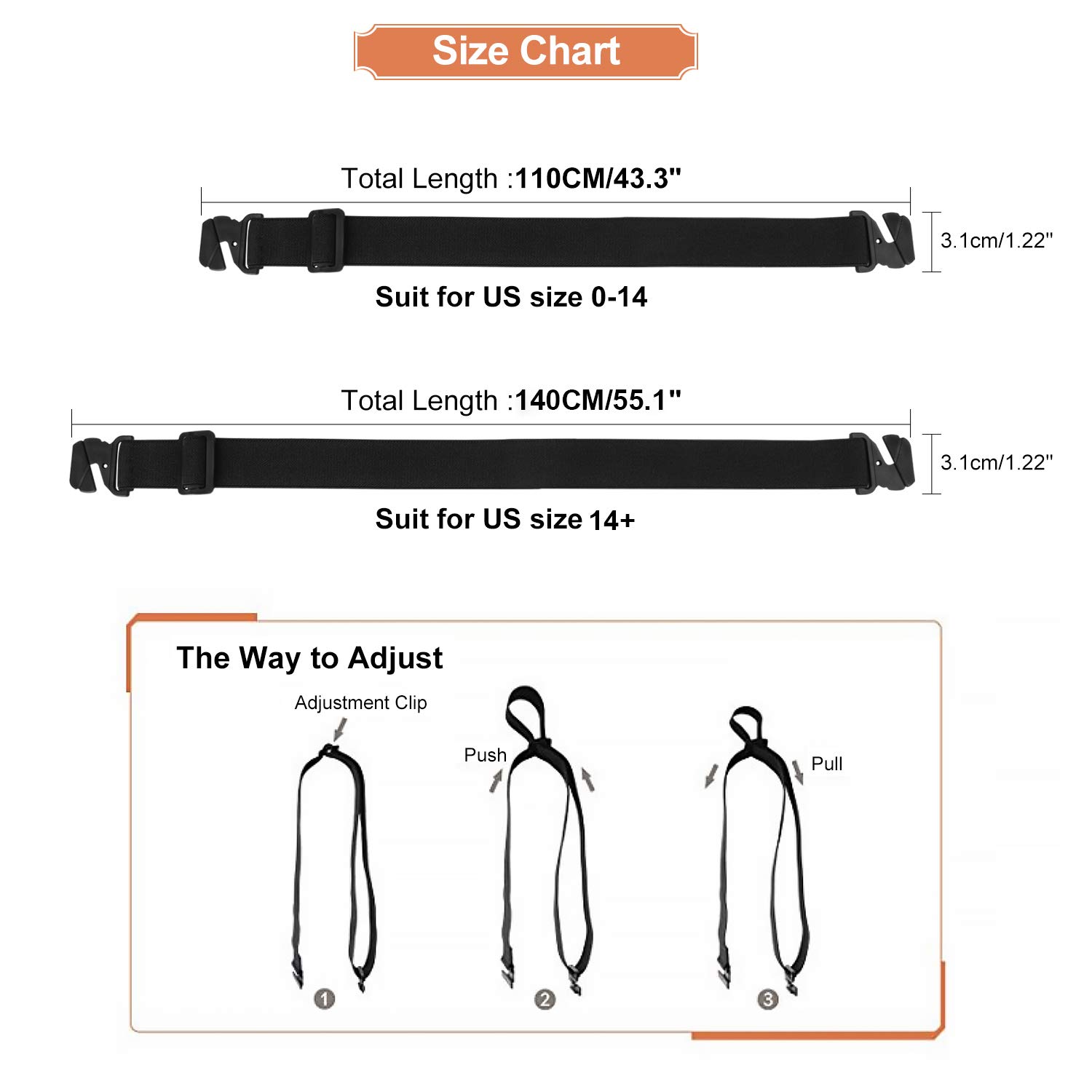 JASGOOD No Show Invisible Women Belt Elastic Stretch Adjustable No Show Web Belt (Suit for US size 14+, Black)