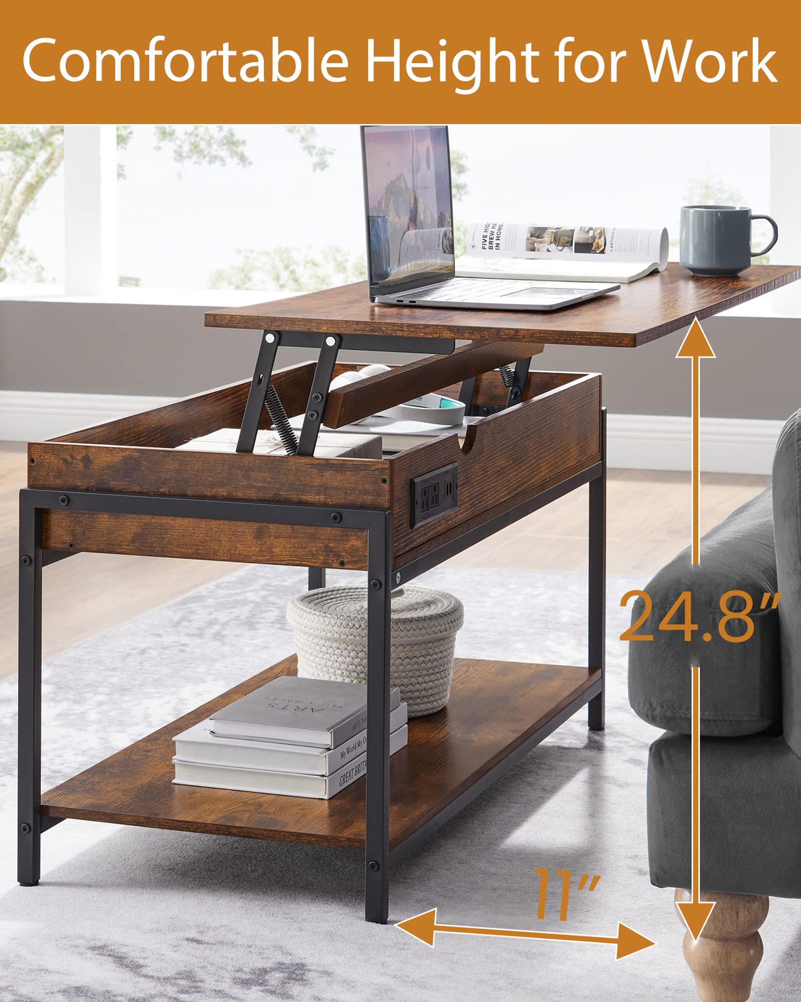 Hzuaneri Lift Top Coffee Table - with Charging Station, Modern Coffee Table with Hidden Compartment and Open Shelf, Metal Frame, for Living Room, Office Reception, Rustic Brown and Black 01701BCT