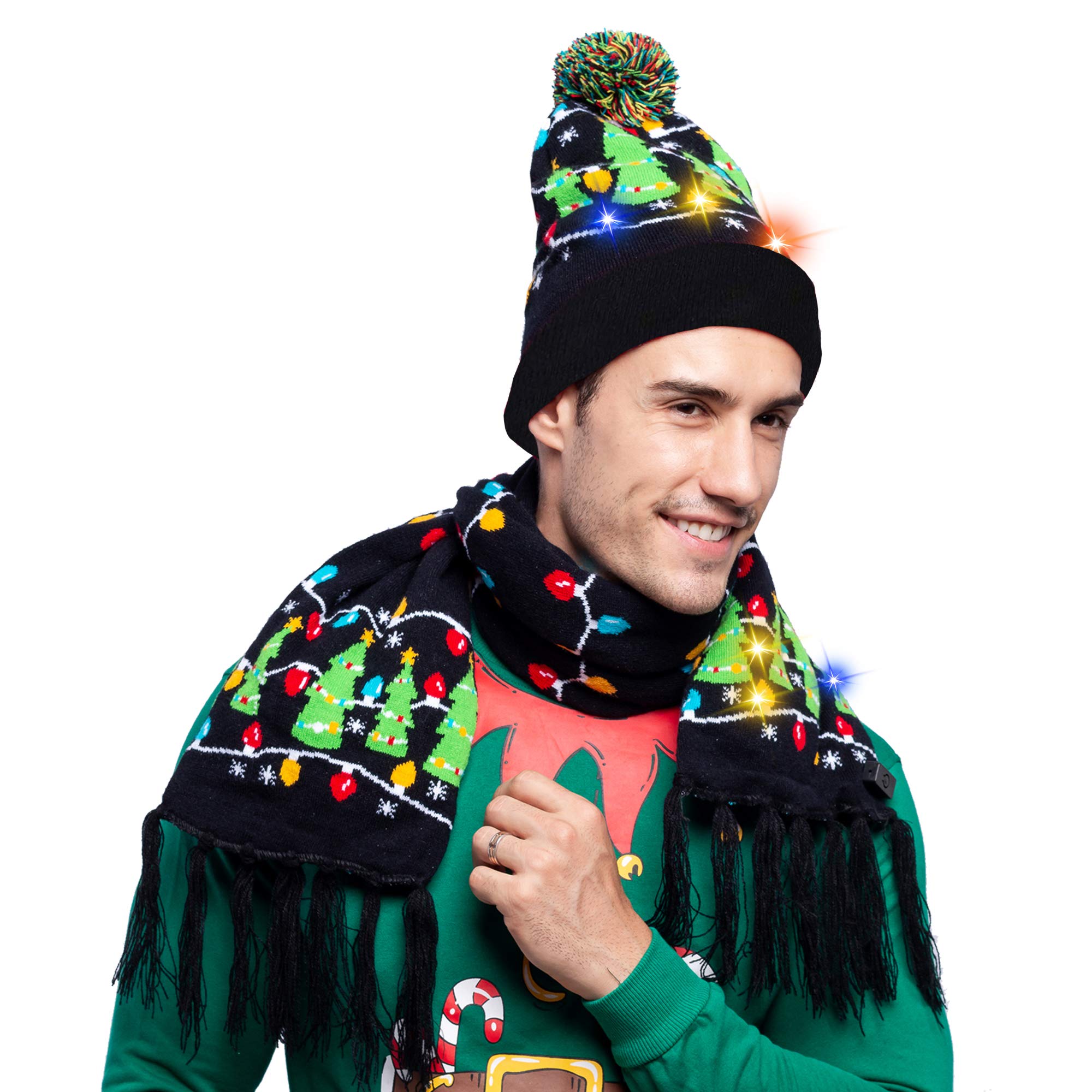JOYIN 2 PCS Christmas Tree LED Lights Lit-up Beanie Cap and Scarf (6 Flashing Modes) Party Accessories Supplies