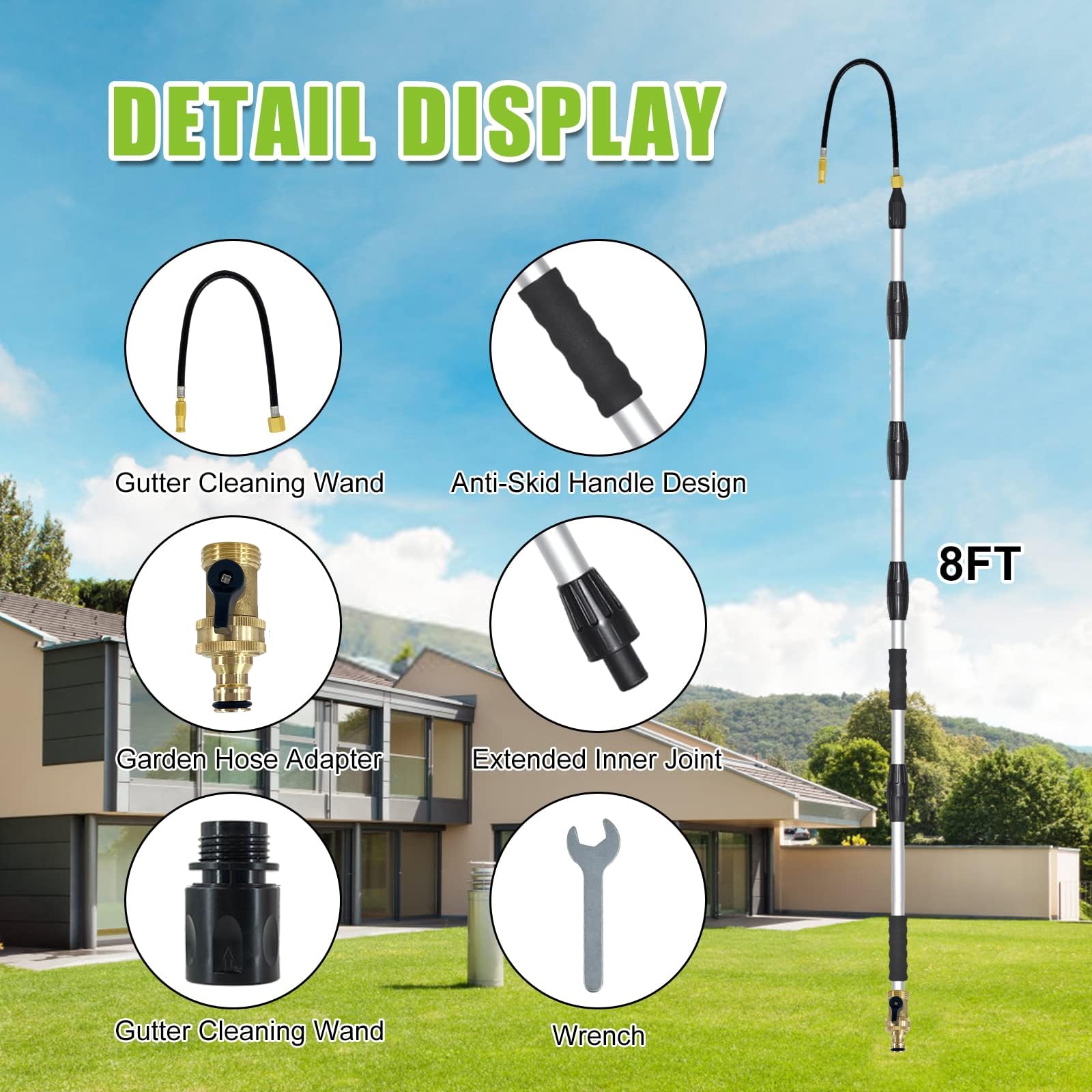 JooMoo Gutter Cleaning Tools from The Ground-Gutter Cleaner with Max 7FT Extension Wand,Gutter Cleaning Wand with Quick Connection Five Extension Gutter Cleaning Poles for Garden Hose