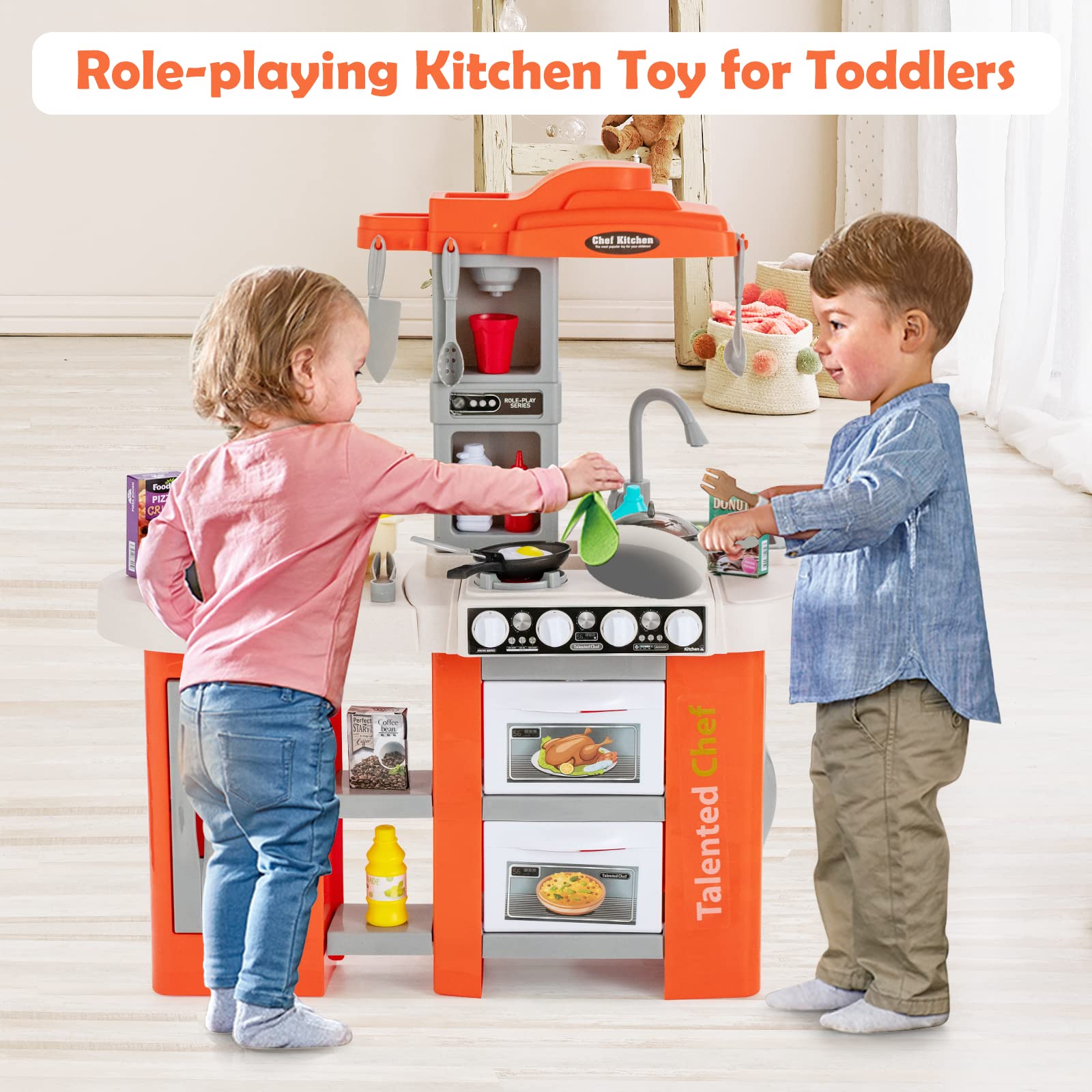 HONEY JOY Kids Kitchen Playset, Plastic Play Kitchen w/Realistic Lights & Sounds, Music, Running Water & Steam Function, 67 Pcs Cooking Accessories, Kitchen Set for Toddlers, Gift for Boys Girls