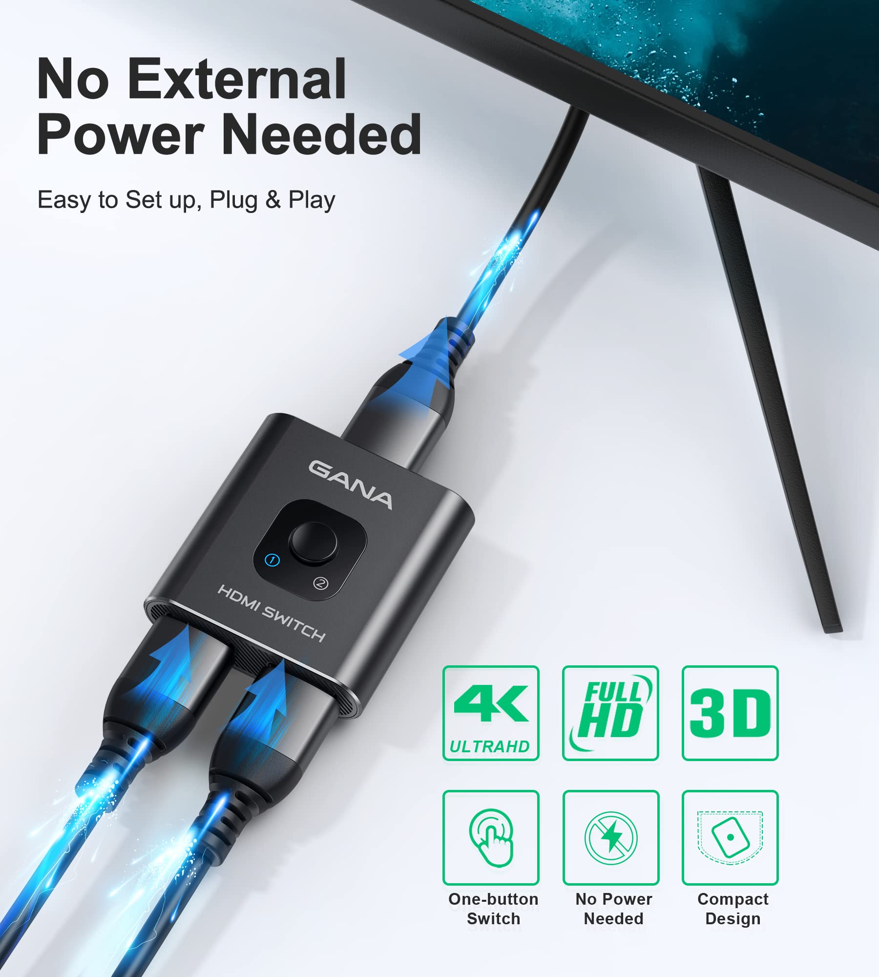 HDMI Switch 4k@60hz Splitter, GANA Aluminum Bidirectional HDMI Switcher 2 in 1 Out, Manual HDMI Hub Supports HD Compatible with Xbox PS5/4/3 Blu-Ray Player Fire Stick Roku