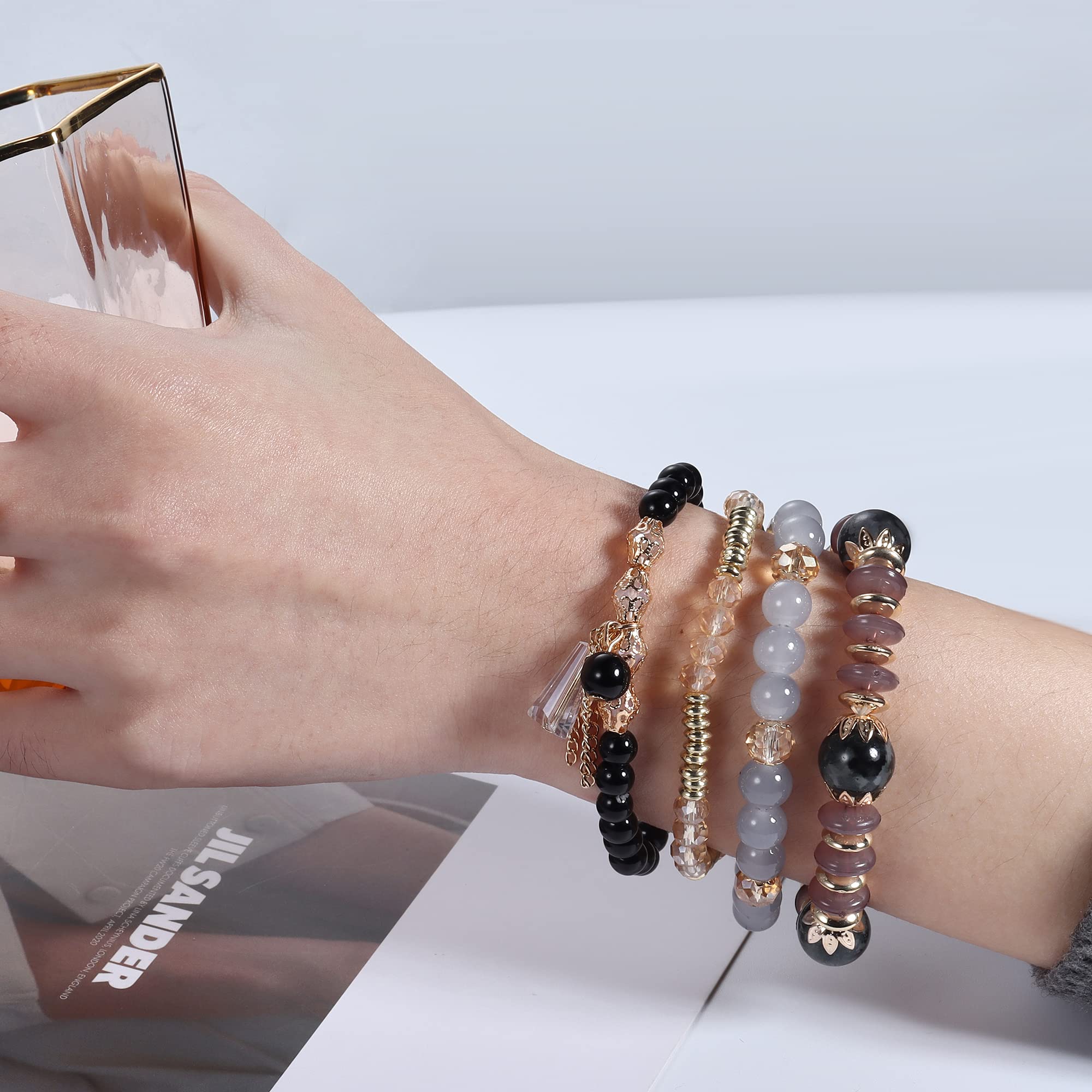Jstyle 6 Sets Bohemian Stackable Bead Bracelets for Women Stretch Multilayered Bracelet Set Multicolor Jewelry A