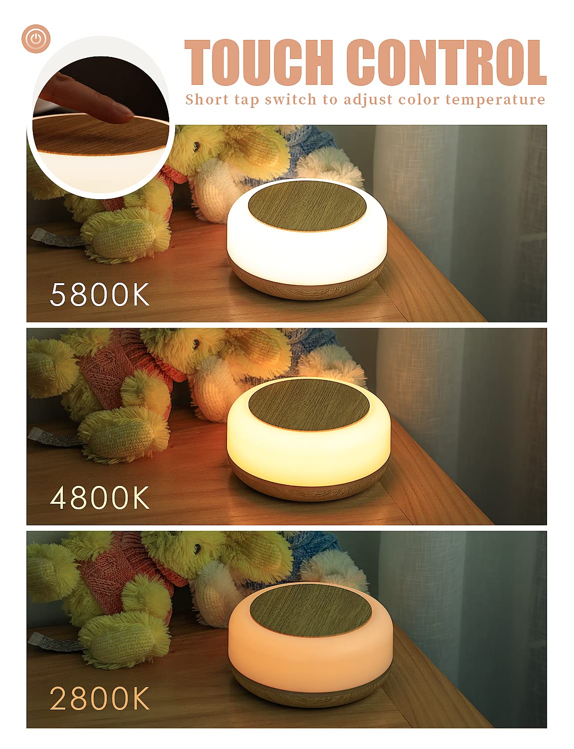 Nursery Night Light, Baby Night Light with Dimmable 3 Color Light LED Bedside Touch Lamp for Kids Breastfeeding Nightstand Light, USB Rechargeable Lamp for Kids Room