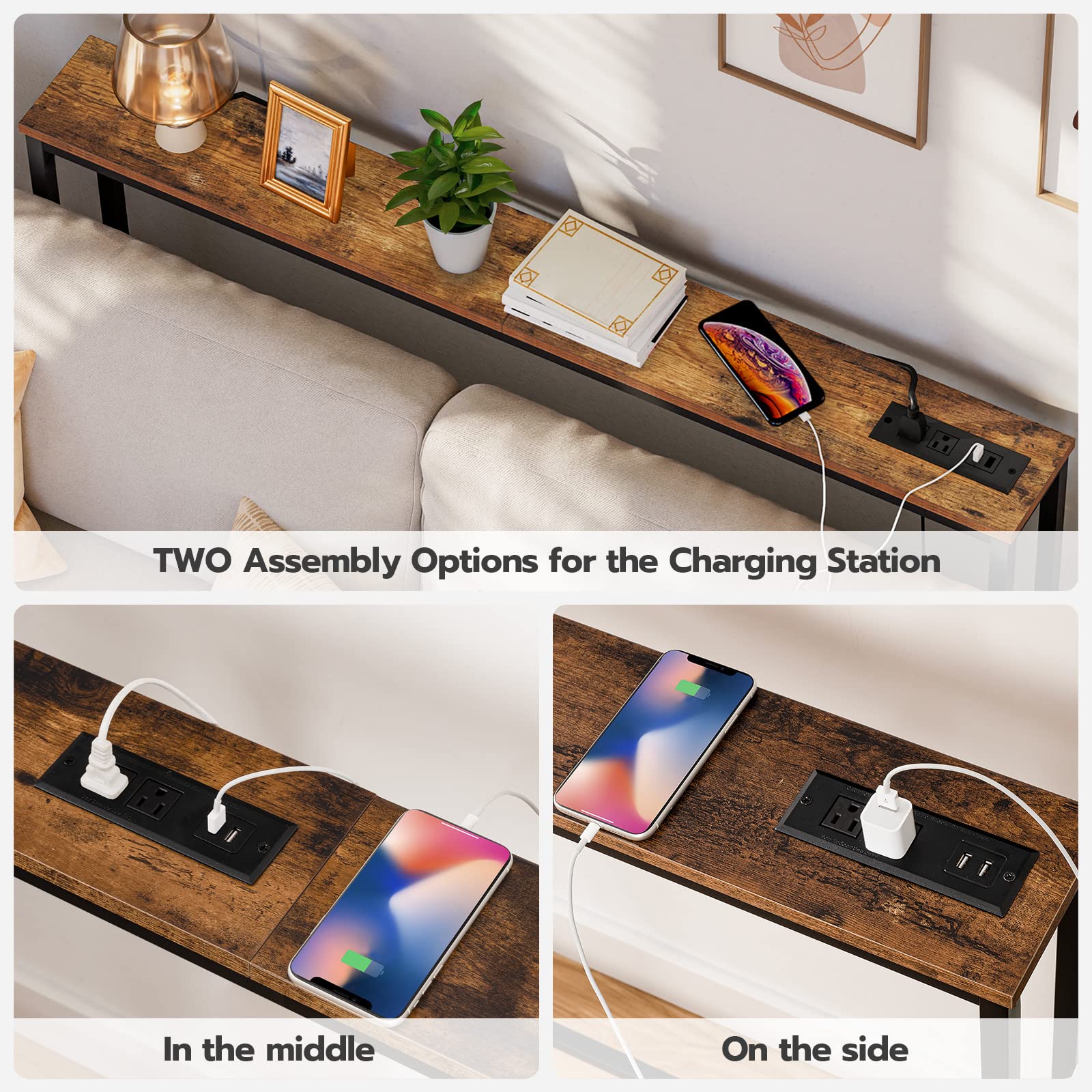 HOOBRO 2 Pack 39.4" Console Table with Power Outlets and USB Ports, Narrow Entryway Table with Charging Station, Behind Couch Table, Hallway, Living Room, Bedroom, Rustic Brown and Black BF51UXGP201