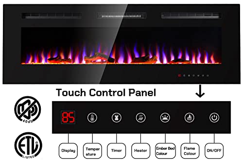 Uthfy 50" Electric Fireplace,1500W Recessed & Wall Mounted Fireplace Heater & Linear Fireplace,6 Flame Colors & 9 Ember Bed Colors,Remote Control,8H Timer,Adjustable Thermostat, Black (HY-HW50)