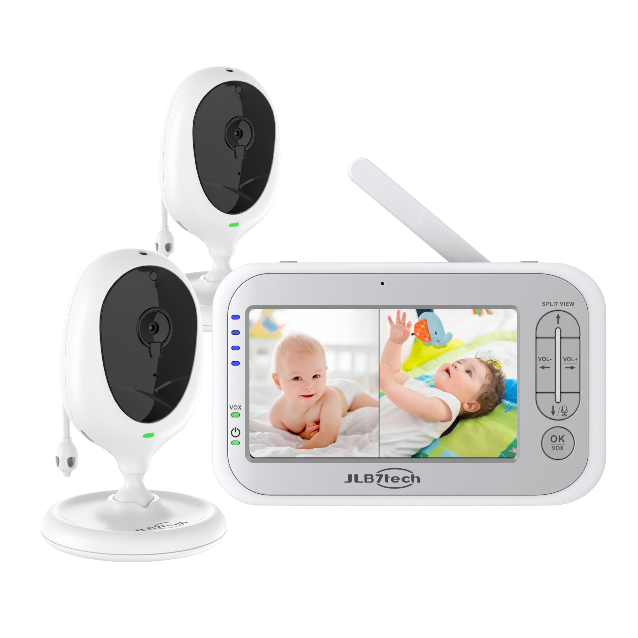 JLB7tech Baby Monitor,5" Split Screen Video Baby Monitor 1 Camera and Audio,Night Vision,Two-Way Talk,Long Range,FeedingTime,Lullabies,Temperature Detection,Power Saving/Vox,Zoom in