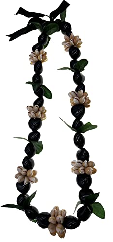 Kukui Nut Necklace Lei - with Shell & Faux Green Leaf
