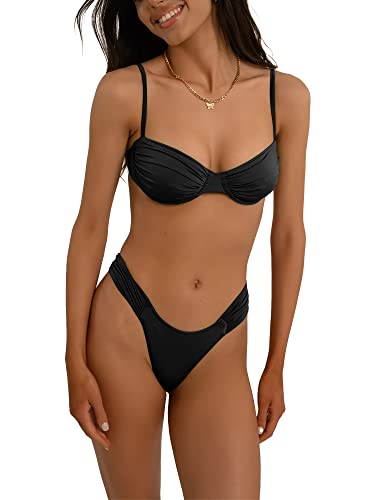 Hatant Bikini Sets for Women Two Piece Swimsuit High Waisted Bikini Adjustable Swim Suit Spaghetti Straps Bathing Suit Pleated Women Sexy Athletic Sports Swimsuit HS-M A-black