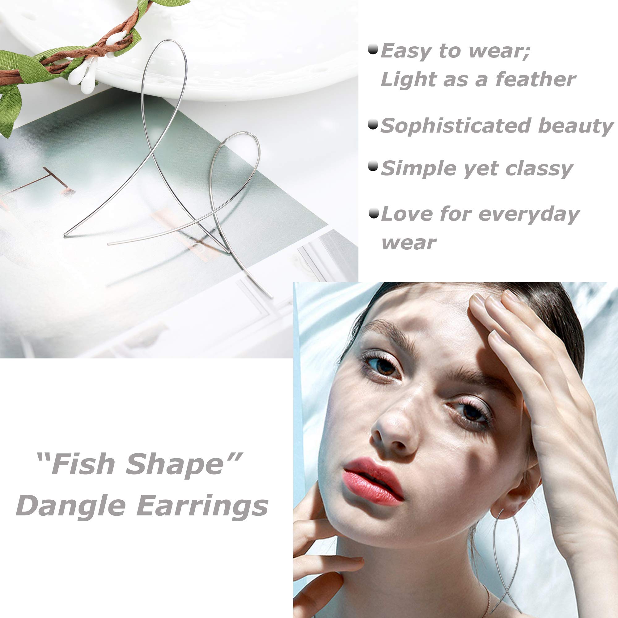 Jstyle 8Pairs Stainless Steel Curved Threader Earrings for Women Drop Dangle Tassel Chain Earrings Set Lightweight Silver Tone