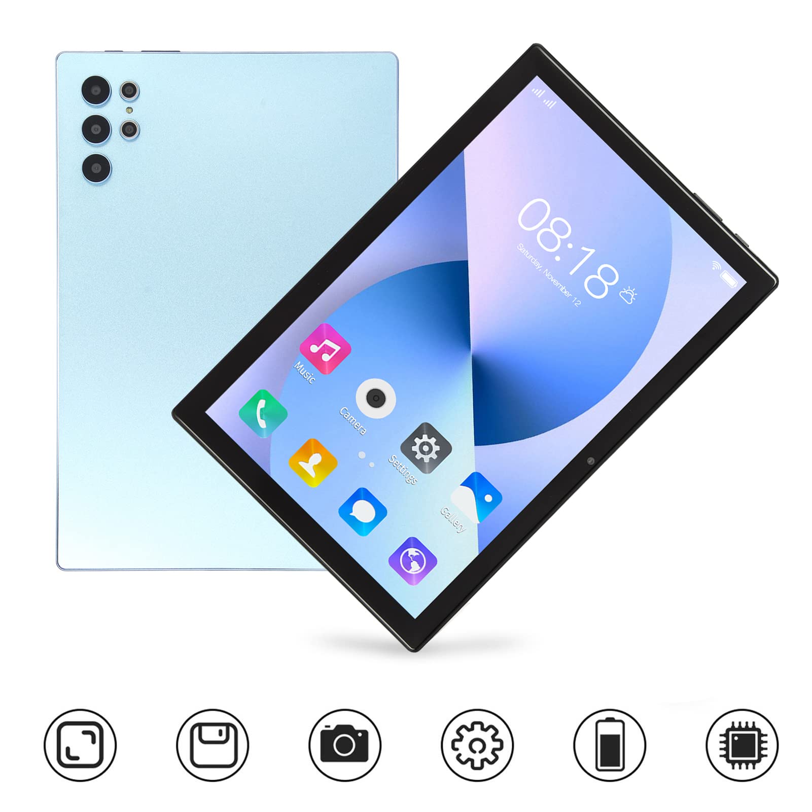 ICRPSTU Tablet, 128GB ROM Intelligent Tablet 24MP Dual Camera WiFi 100-240V US Plug 8 Core MT6753 CPU for Office (Blue)