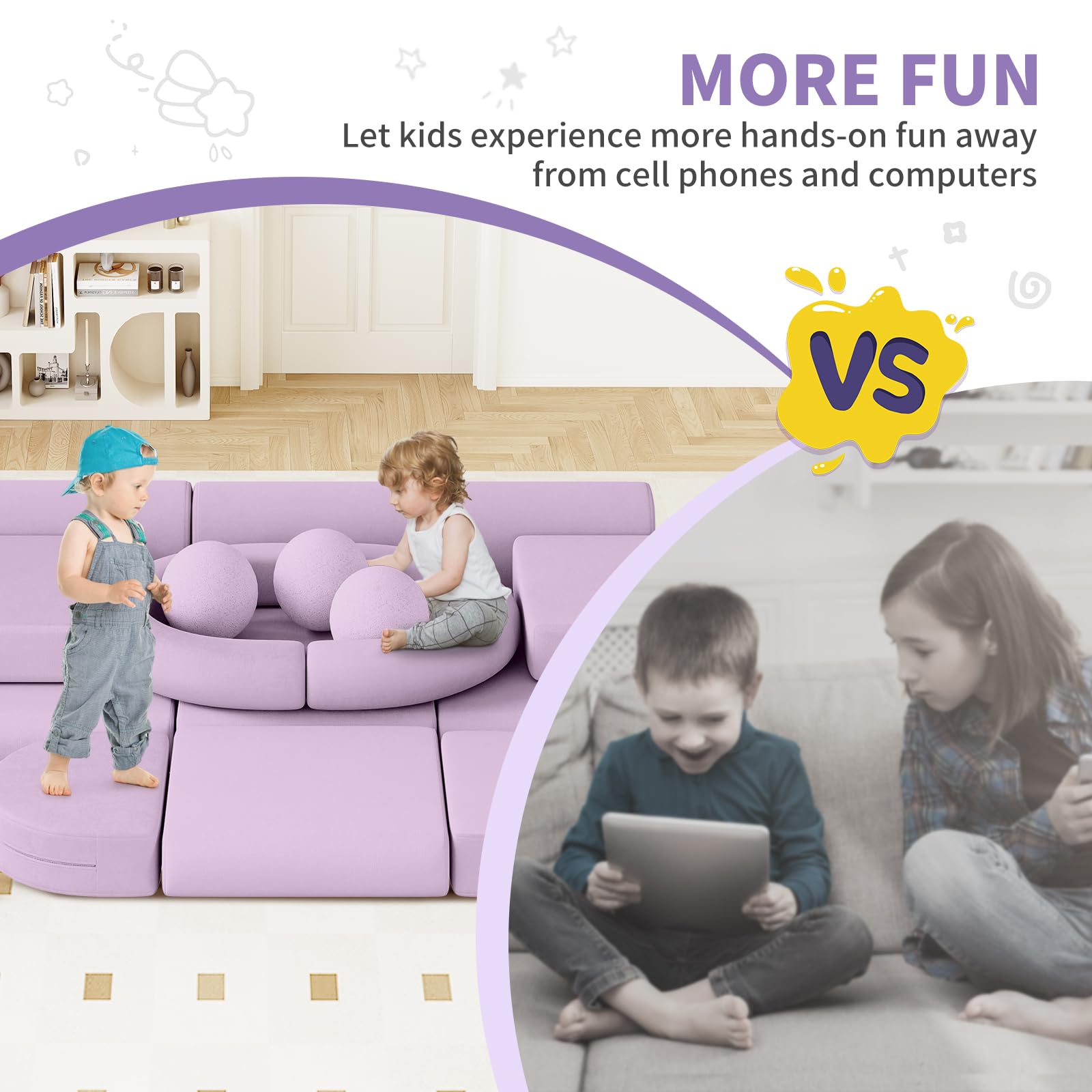 wanan Modular Kids Play Couch, 16PCS Kids Couch with Balls and Tunnel, Kids Couch for Playroom and Bedroom, Kids Modular Couch for Playing, Creativing, Modular Couch Kids (Blueberry)