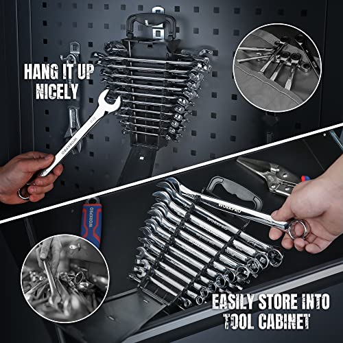 WORKPRO Mechanics Wrench Set Metric and Standard, 22PCS Complete Combination Wrenches Set. SAE 1/4" to 3/4", Metric 9mm to 19mm, Automotive Wrench Set with Rack Organizer