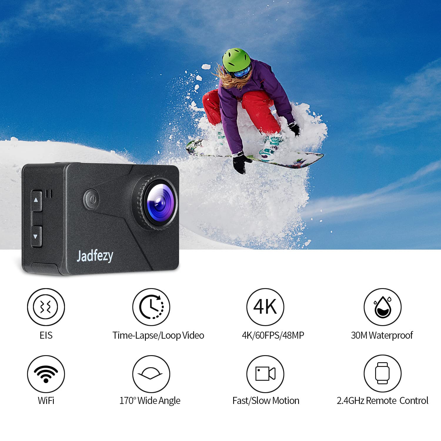 Jadfezy Action Camera 4K 60FPS with EIS Anti-Shake, WiFi and Remote Control, 24 MP Sports Cam with Zoom 8X, 98FT Underwater Camera Equipped with 2 Batteries and 25 Mounting Accessories (4K)