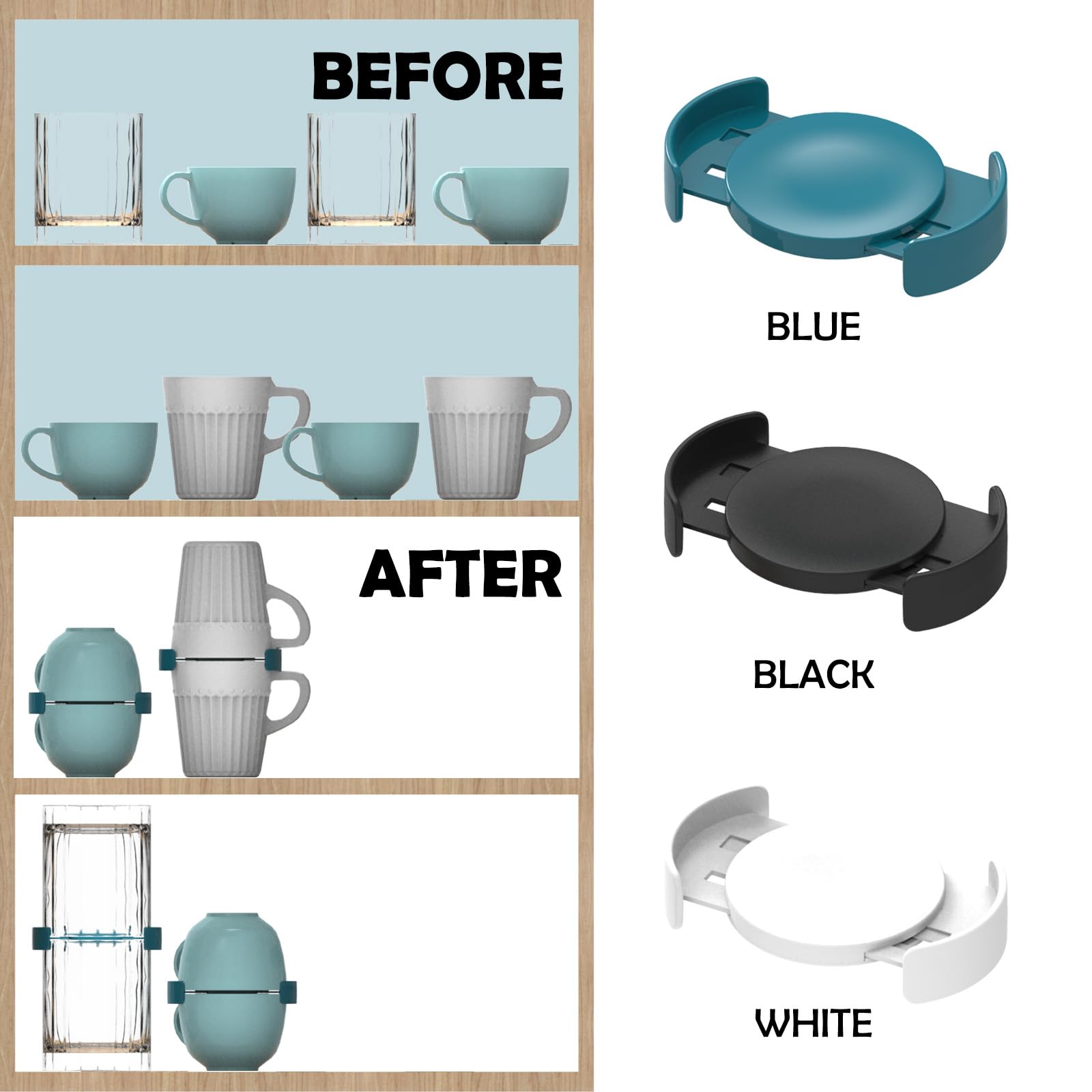KURBERSON 6 Pcs Mug Organizer for Cabinet, Coffee Mug Stacker, Coffee Cup Holder, Capboard Space Savor, Black