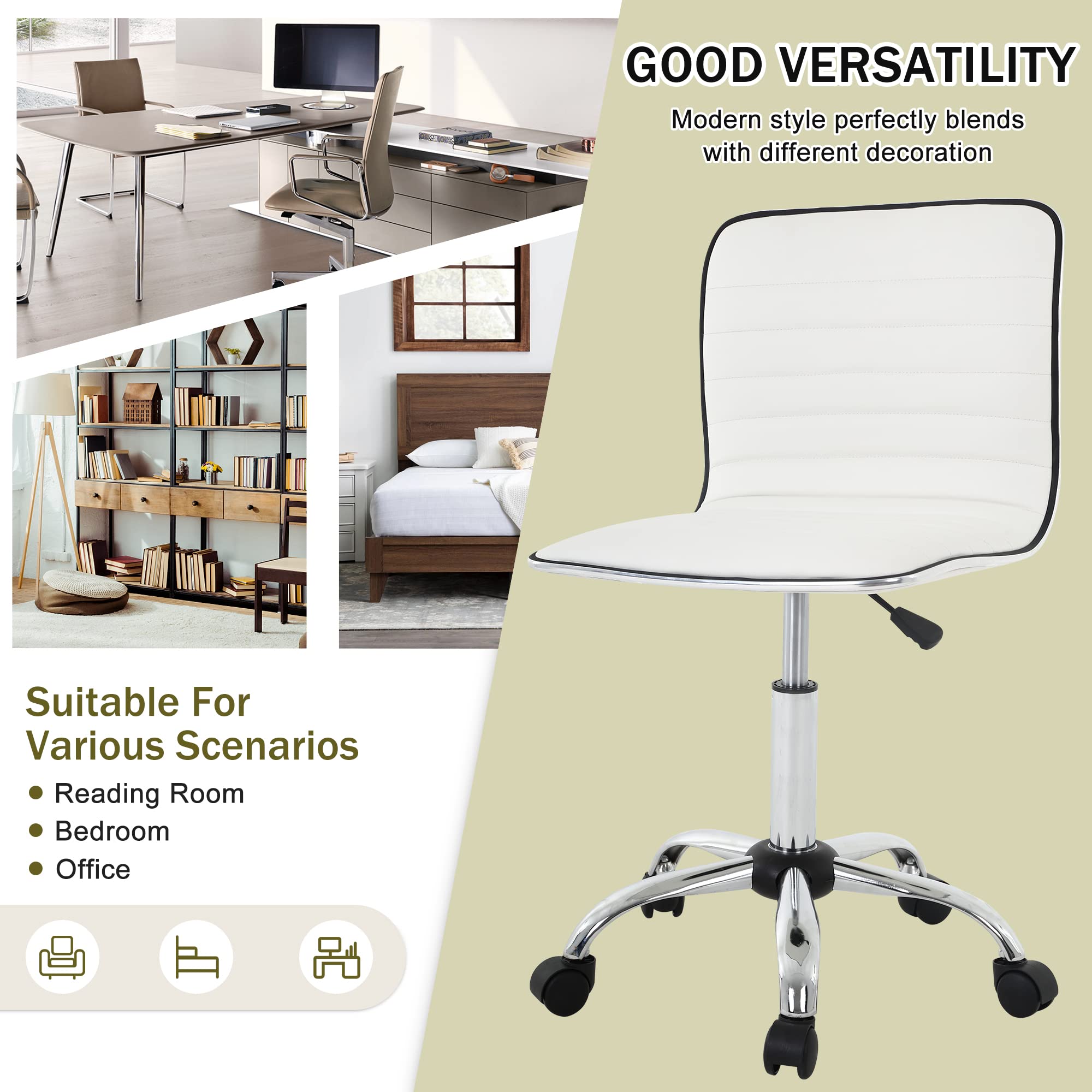 Home Office Desk Chair Height Adjustable PU Leather Vanity Makeup Chair 360° Swivel Rolling Computer Chair Modern Executive Low Back Task Chair with Armrest & Wheel for Office Makeup Room, Grey