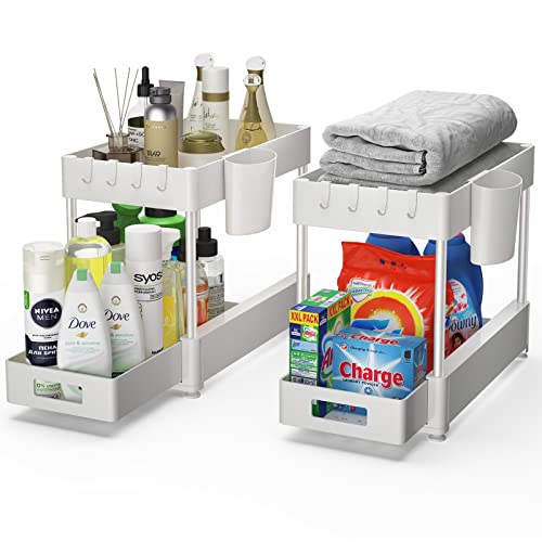 Under Sink Organizers and Storage 2 Pack, ZOMILB Bathroom Organizer 2-Tier Sliding Kitchen Cabinet Organization with Hook, Hanging Cup, Multi-purpose Under Sink Shelf Organizer for Home Storage, White