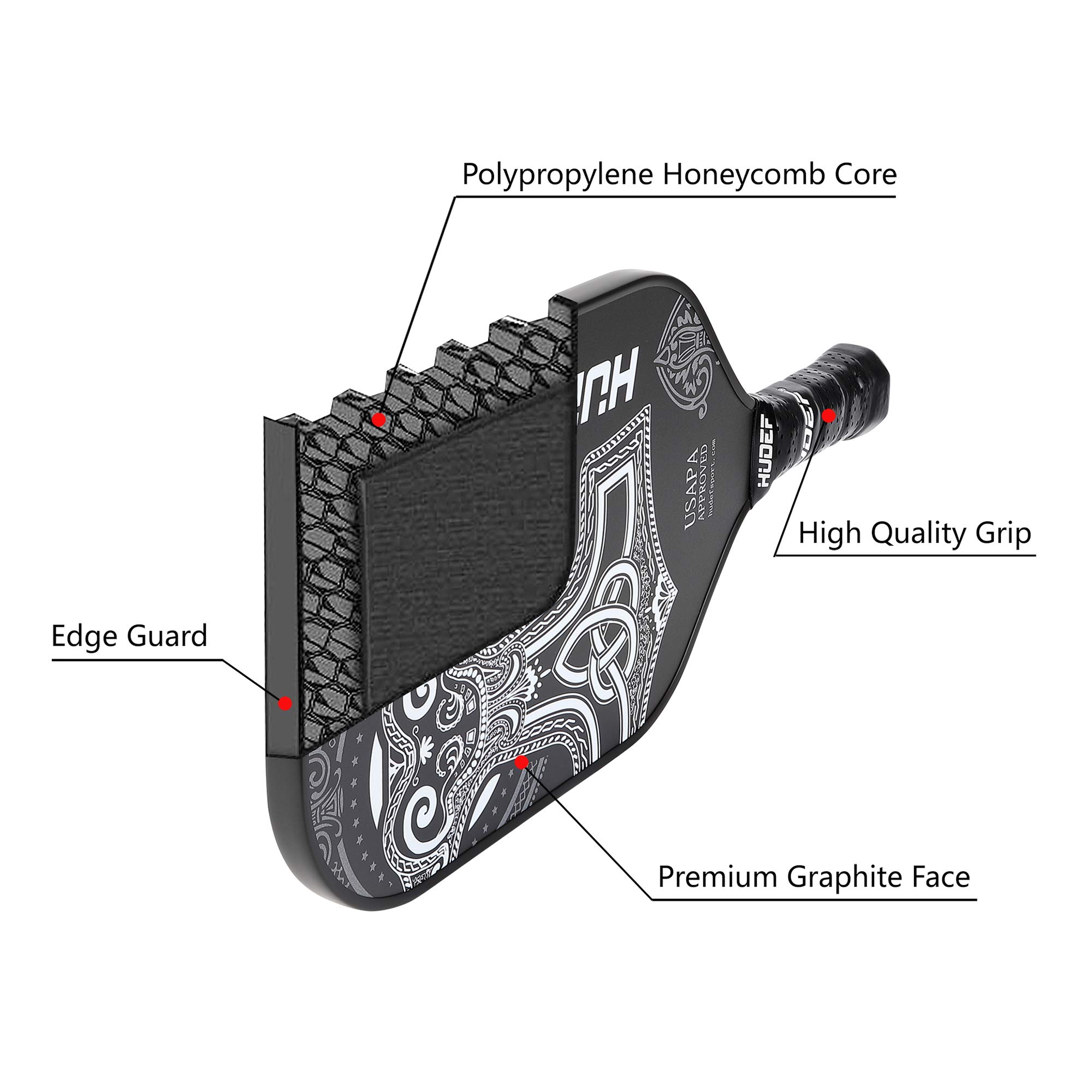 HUDEF Pickleball Paddle,Pickleball Paddles, Lightweight Graphite Carbon Fiber Face Pickleball Paddle Racquet Rackets Large Grip Long Handle,Honeycomb Core,Cushion Comfort Grip USAPA Approved