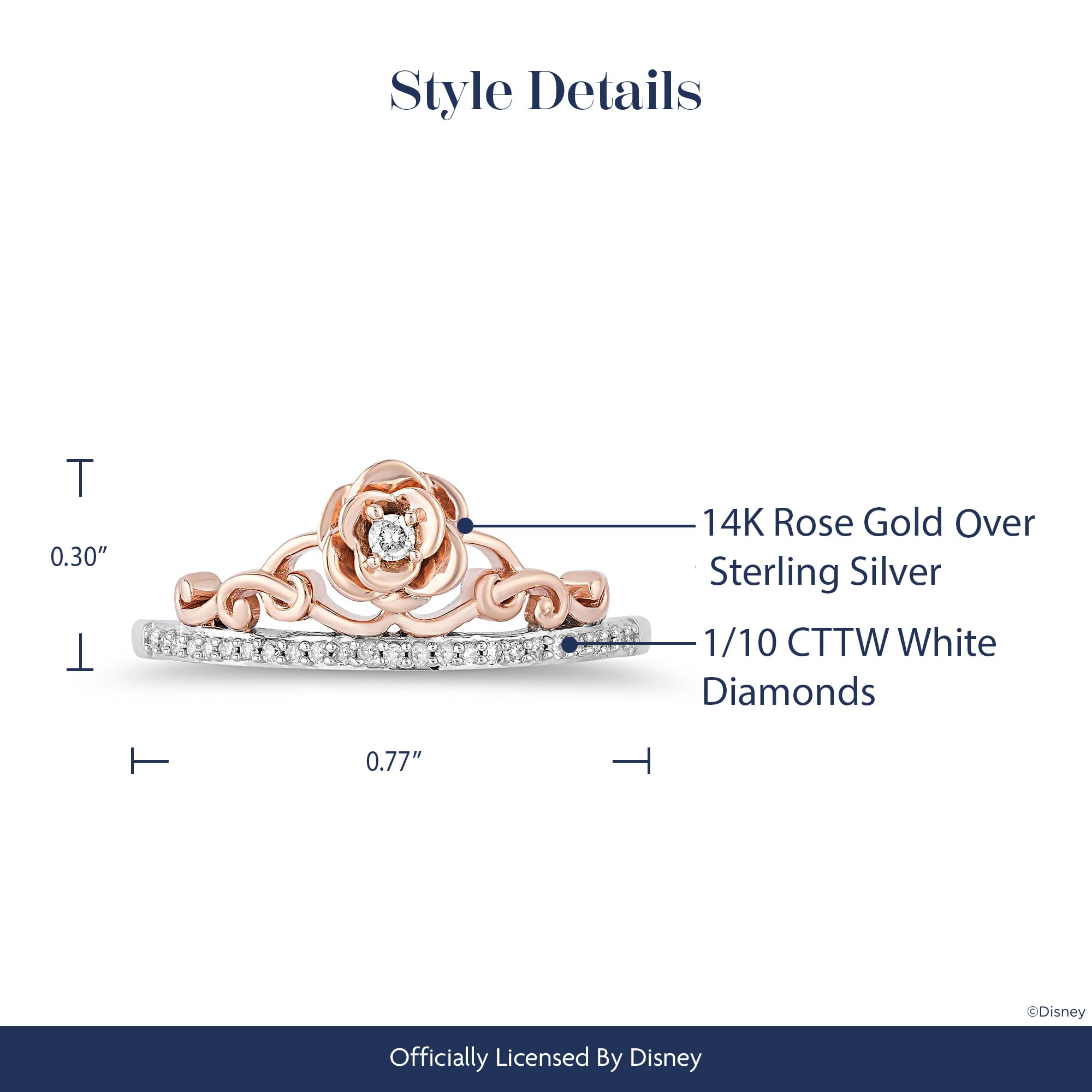 Jewelili Enchanted Disney Fine Jewelry 14K Rose Gold over Sterling Silver with 1/10 Cttw Diamond Belle Rose Ring Size 7
