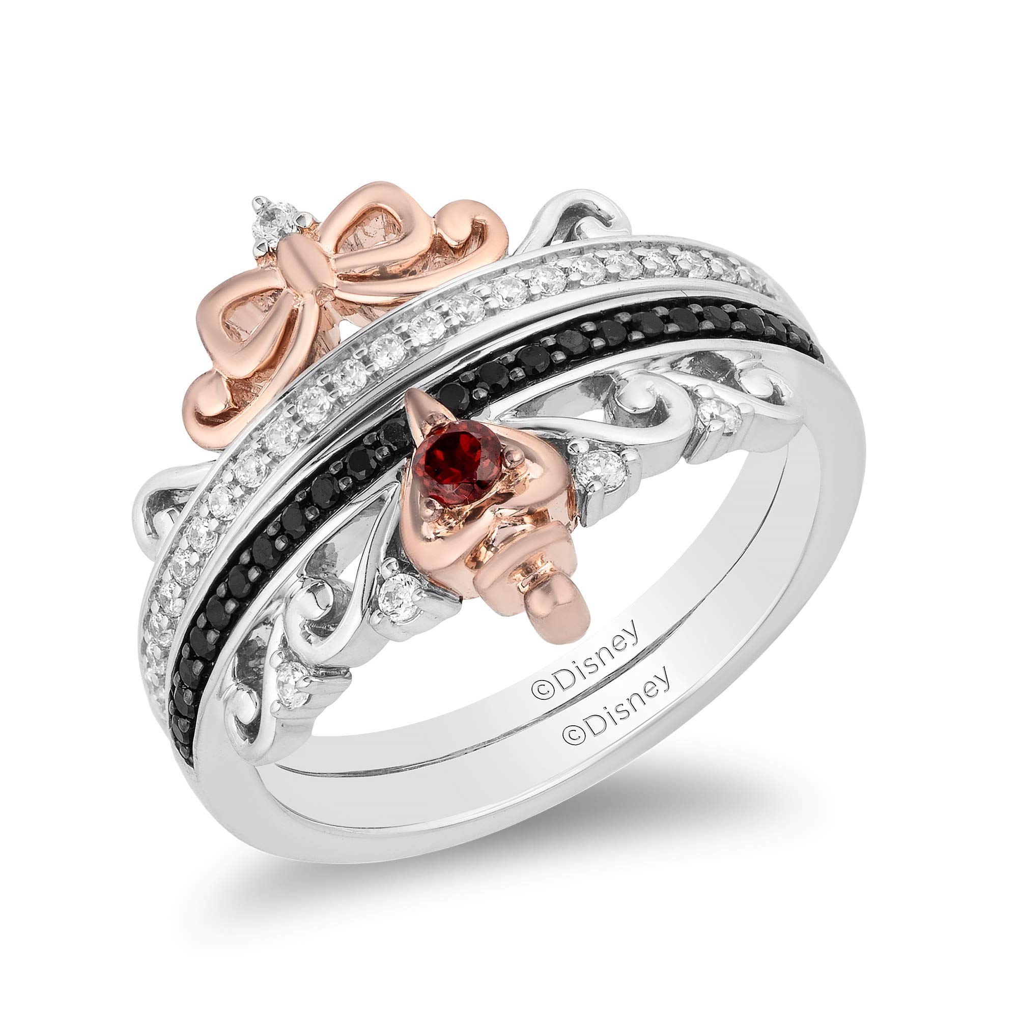 Jewelili Enchanted Disney Fine Jewelry Sterling Silver and 10K Rose Gold 1/4 Cttw Diamond and Round Ruby Snow White and Evil Queen Duo Ring Size 7