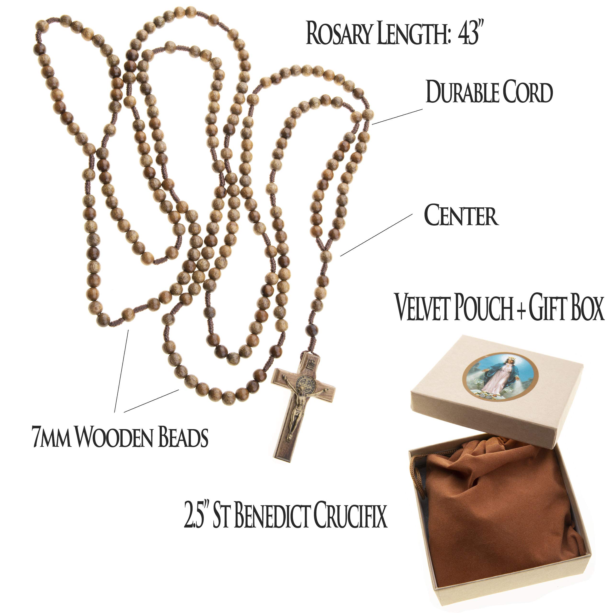 Iconeum 20 Decade Rosary Beads Catholic 7mm Brown Wood 43" Long on Durable Cord Wooden Crucifix
