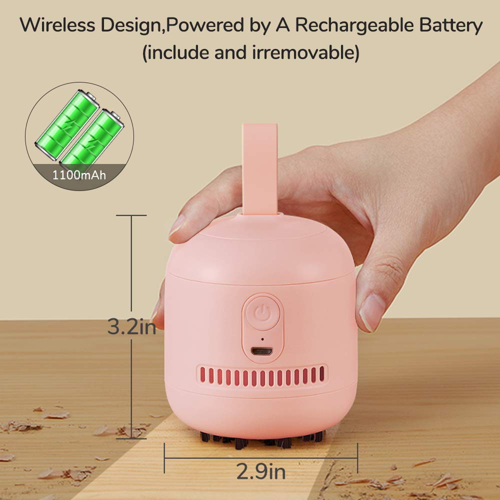 JISULIFE Desktop Vacuum Cleaner, 1100 mAh Portable Mini Table Dust Sweeper with Vacuum Nozzle, 2 Speeds, 360º Rotable, High Suction, Cordless & Detachable Design for Home, Office, School-Pink