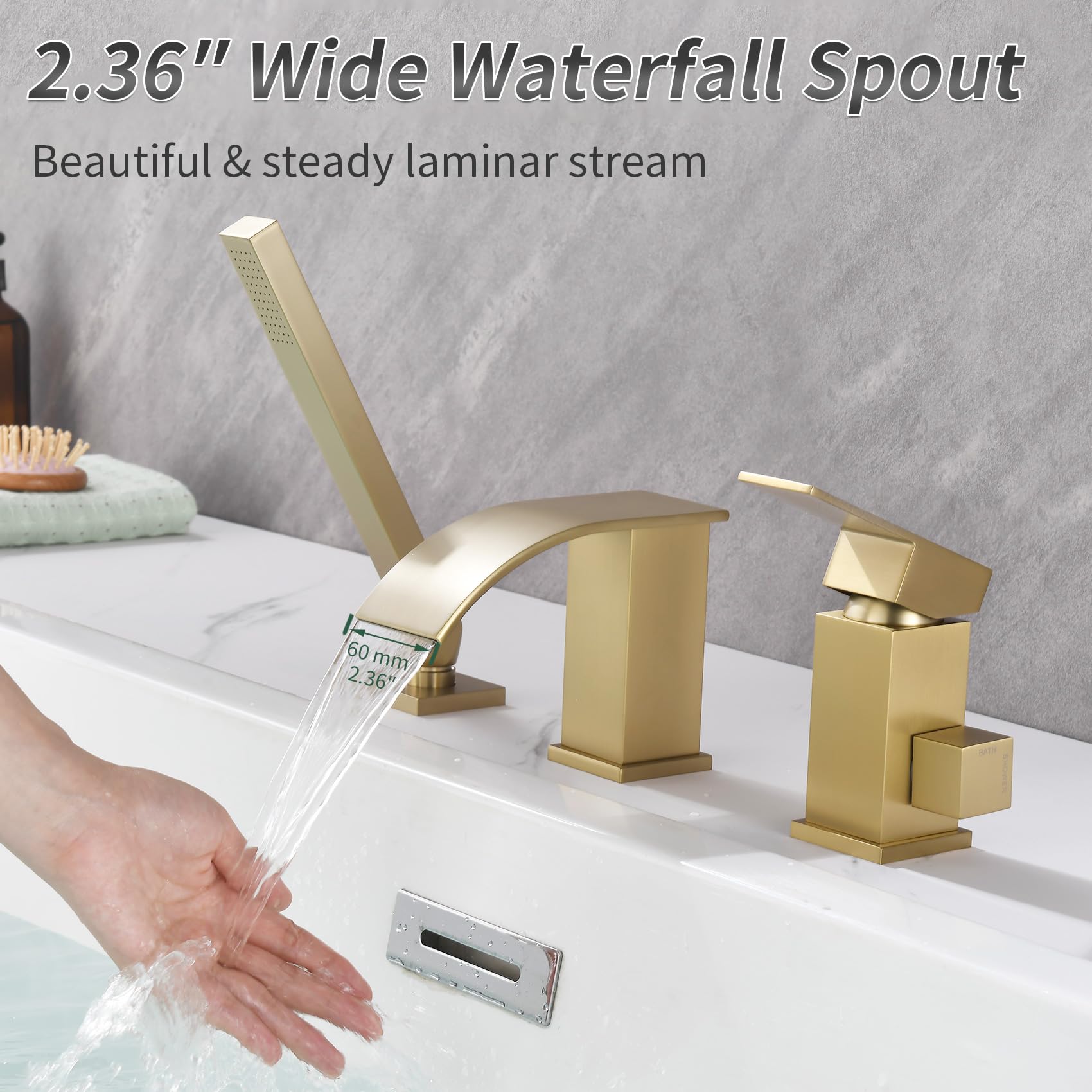 TapLong Waterfall Roman Tub Faucet with Hand Shower, Deck Mount 3 Hole Bathtub Faucet Set High Flow Bath Tub Faucet Set Deck Mount Solid Brass, Brushed Gold,03766BG