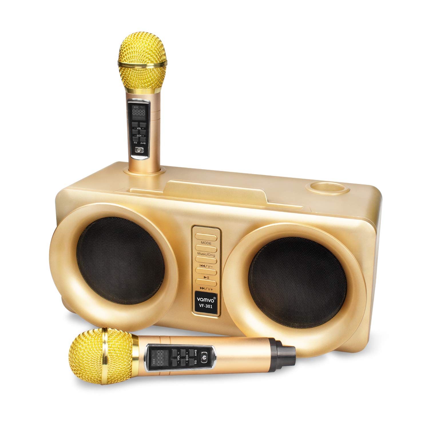 Karaoke Machine, vamvo VF-301 15W*2 Rechargeable Bluetooth Speaker with 2 Wireless Microphone, Portable PA Speaker System for Kids & Adults