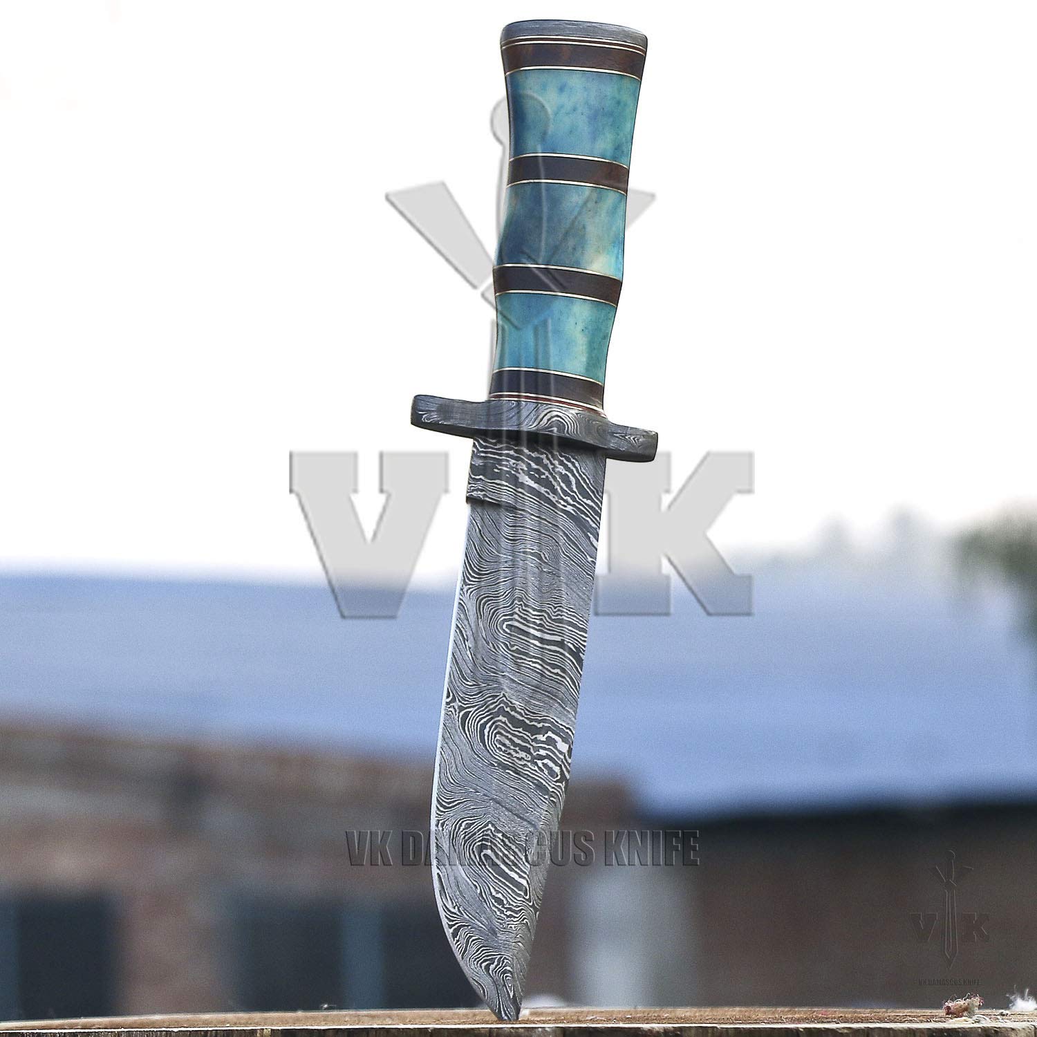 JNR Traders Damascus Steel Fixed Blade Hunting Knife with Leather Sheath - 2372