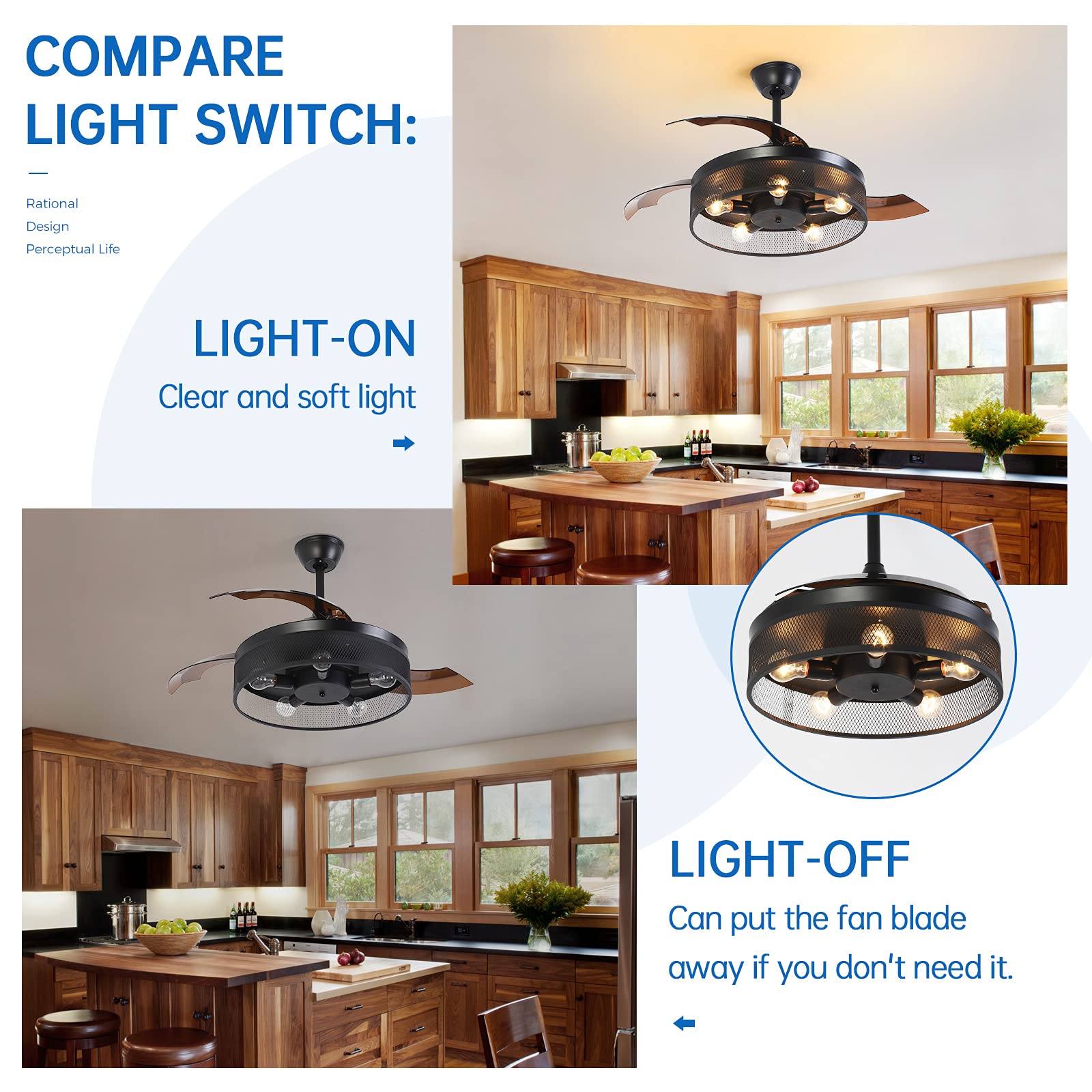 LINJO 42" Retractable Ceiling Fan with Light Black Noiseless Industrial Ceiling Fan with Remote Control 6 Wind Speeds for Living Room Bedroom Kitchen [Easy Installation] [3 Colors 5 E26 Led Bulb]