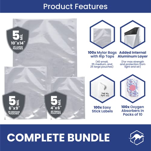 Wallaby 100 Count Mylar Bag Bundle - 5Mil Multi-Size Pouches, 100x 400cc Oxygen Absorbers, 100x Labels - Heat Sealable, Food Safe & BPA-Free - Long-Term Storage for Preppers - Silver (Flat)