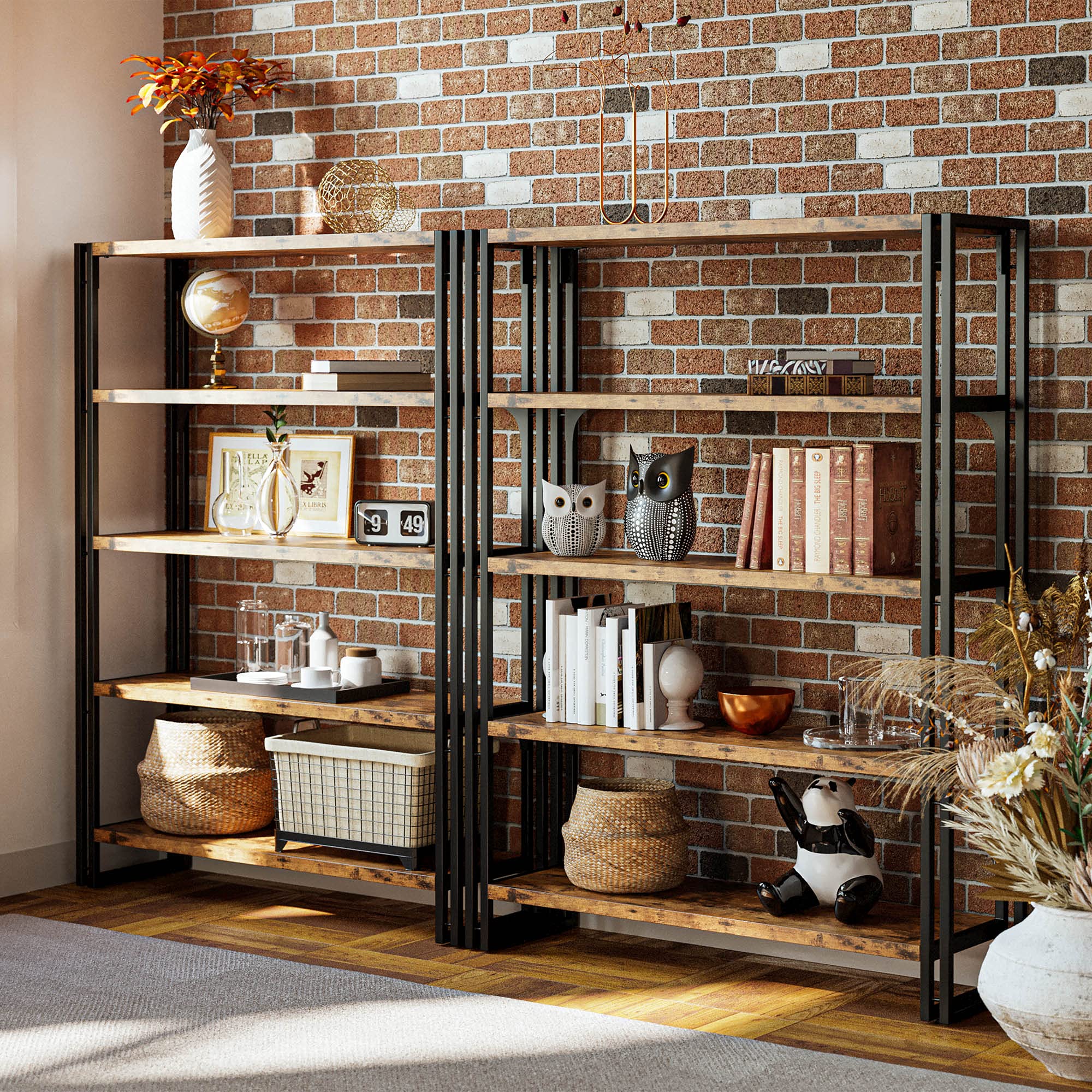 IRONCK Bookshelf and Bookcase 5 Tier, Wood and Metal Bookshelves Storage Shelves for Home Office, Sturdy Easy Assembly, Rustic Brown