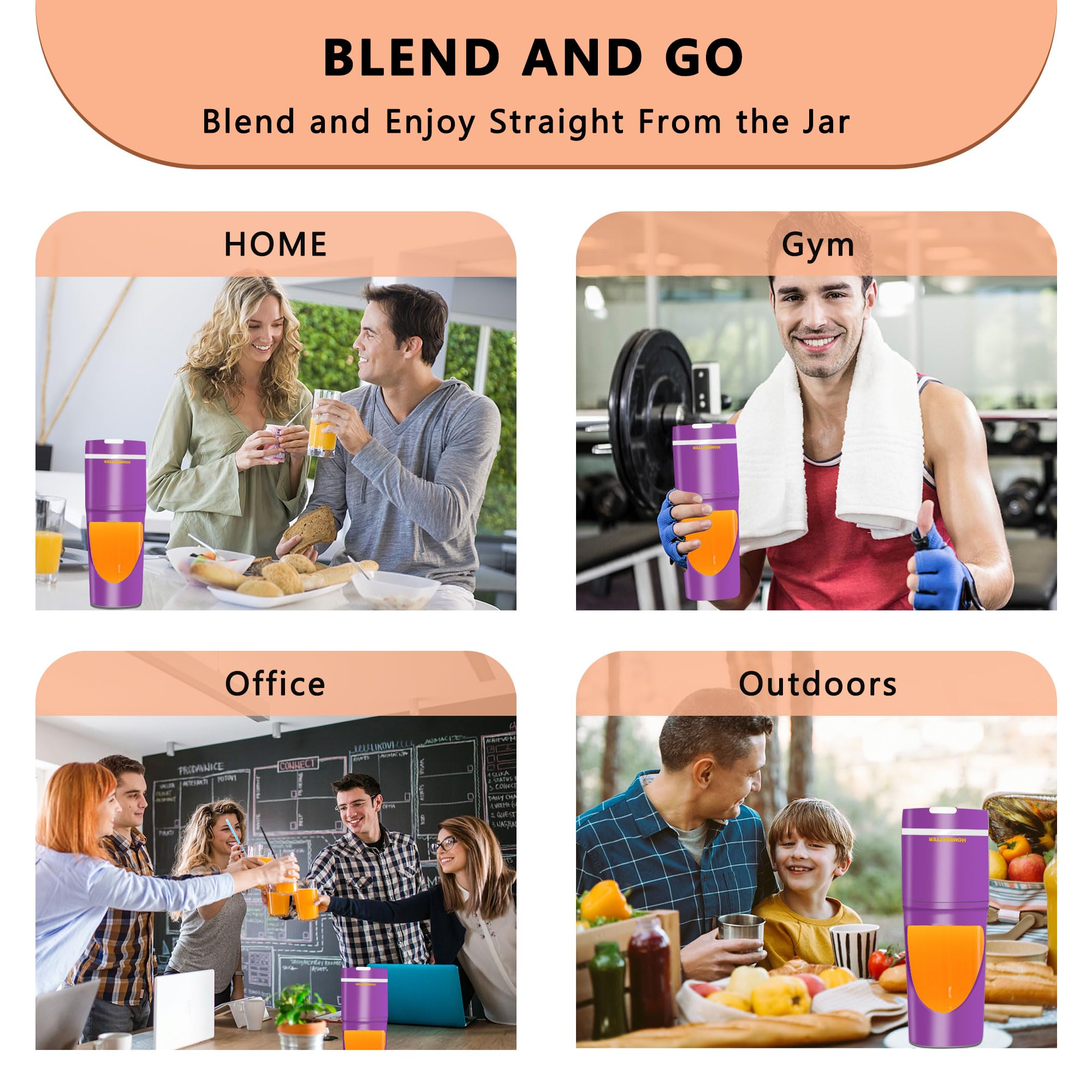 HOMEBETTER Portable Blender,USB Rechargeable Blender with 3000mAh Battery and 13.5 Oz Capacity Bottle BPA-Free, Mini Portable Blender for Shakes,Smoothies,Vegetable,Juice,Purple.