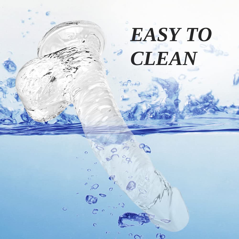 Hands-Free Pleasure with a Clear Suction Cup Dildo - Realistic 8.2 Inch Design with Curved Shaft and Balls for G-spot and Anal Stimulation.