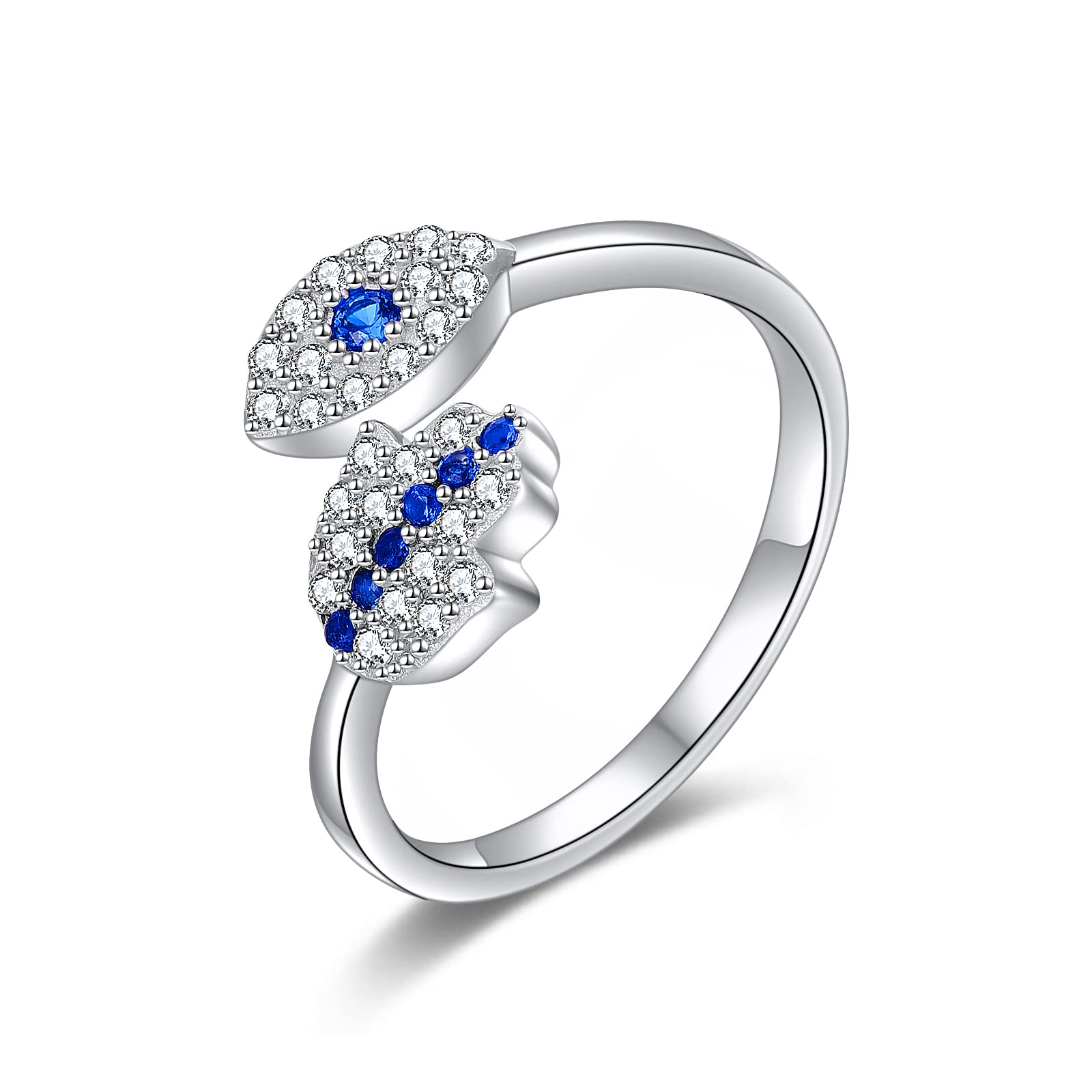 HUKKUN Evil Eye Rings for Women 925 Sterling Silver Cute Adjustable Stacking Ring Hamsa Hand Jewelry Delicate Blue Third Eye Jewelry Gift for Best Friend/Daughter